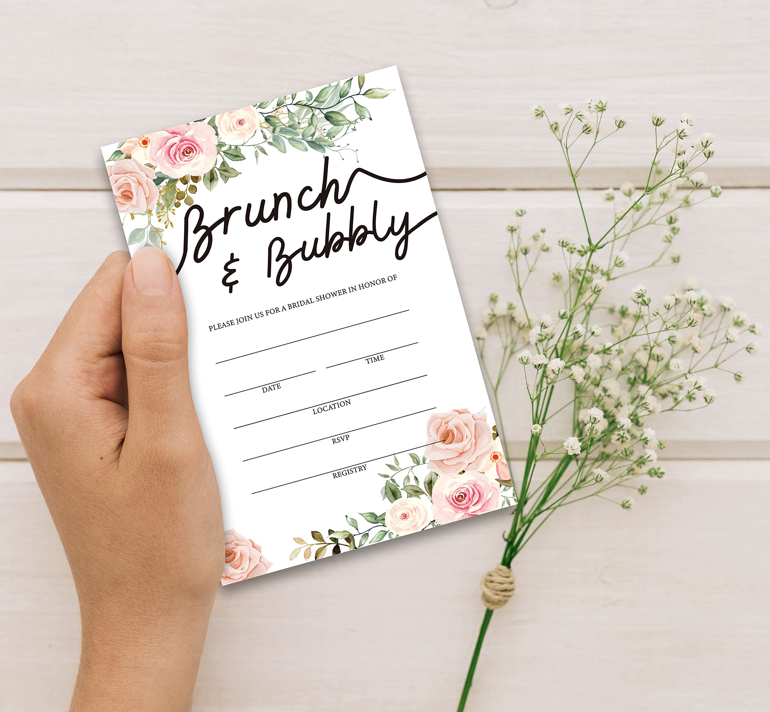 Boho Floral Greenery Brunch & Bubbly Invitations with Envelopes for All Occasions, 25 Pcs Champagne Brunch Blank Fill-in Invites for Bridal Shower, Wedding Reception, Engagement Party(04)