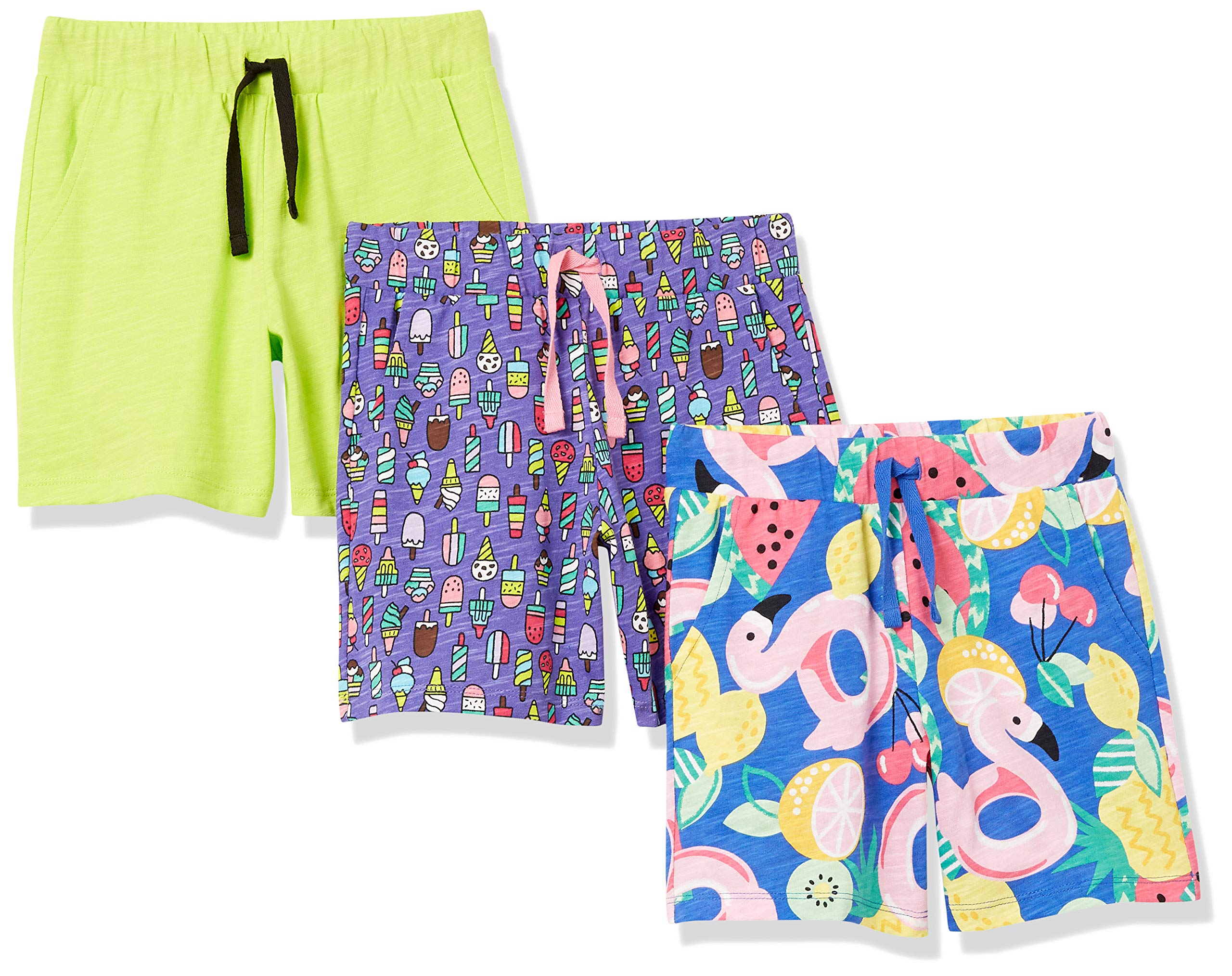 Amazon Essentials Girls' Knit Jersey Play Shorts (Previously Spotted Zebra), Pack of 3, Grey/Light Pink/Light Blue, Mermaids, Small
