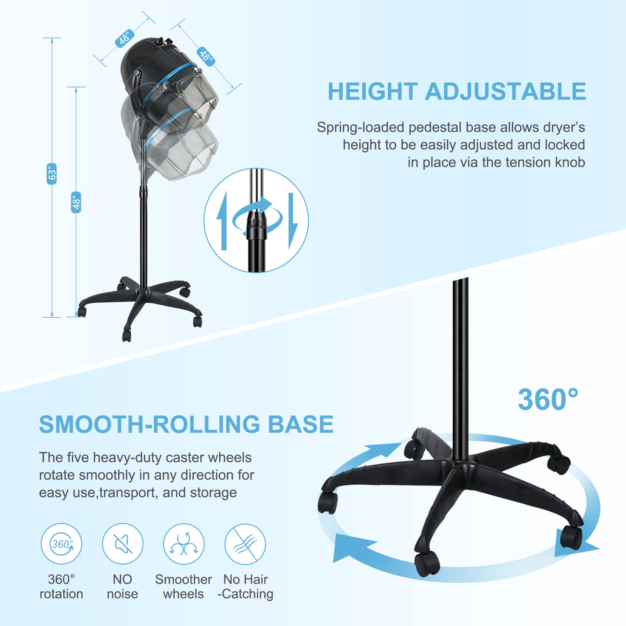 Nova Microdermabrasion Professional Hooded Floor Hair Dryer Adjustable Bonnet Hair Dryer Stand Up with Timer and Rolling Wheels for Beauty Spa Home Salon Equipment