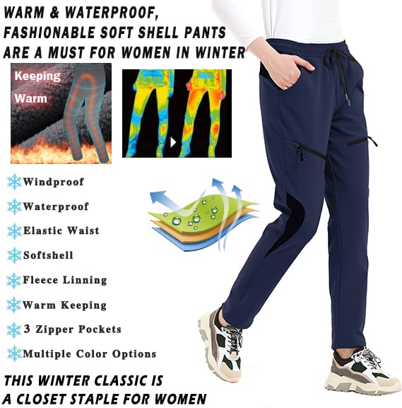 Apotemis Snow Pants Womens Ski Outdoor Insulated Waterproof Pants Softshell Fleece Lined Hiking Pants Drawstring with Zipper Pockets Blue X-Large