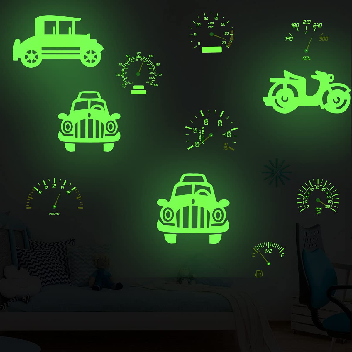Arquiel Car Wall Decals Glow in The Dark Motorcycle Dashboard Wall Stickers for Baby Boys Bedroom Ceiling Nursery Playroom