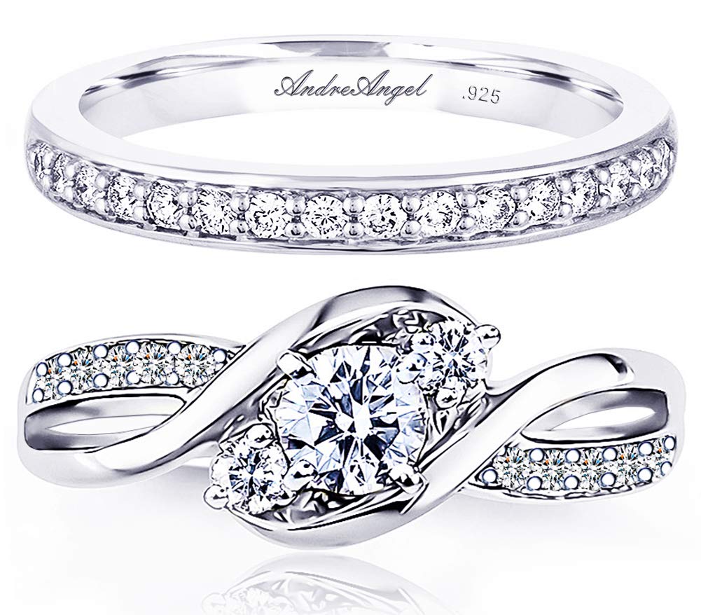 AndreAngel Three-Stone Wedding Ring Set for Women, Solid Sterling Silver 925, 5A+ Grade Cubic Zirconia Stones 0.5 Carat Rhodium-Platinum Plated