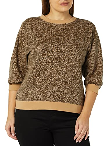Amazon Essentials Women's French Terry Fleece Sleeve Detail Crewneck Sweatshirt, Camel Cheetah, Large