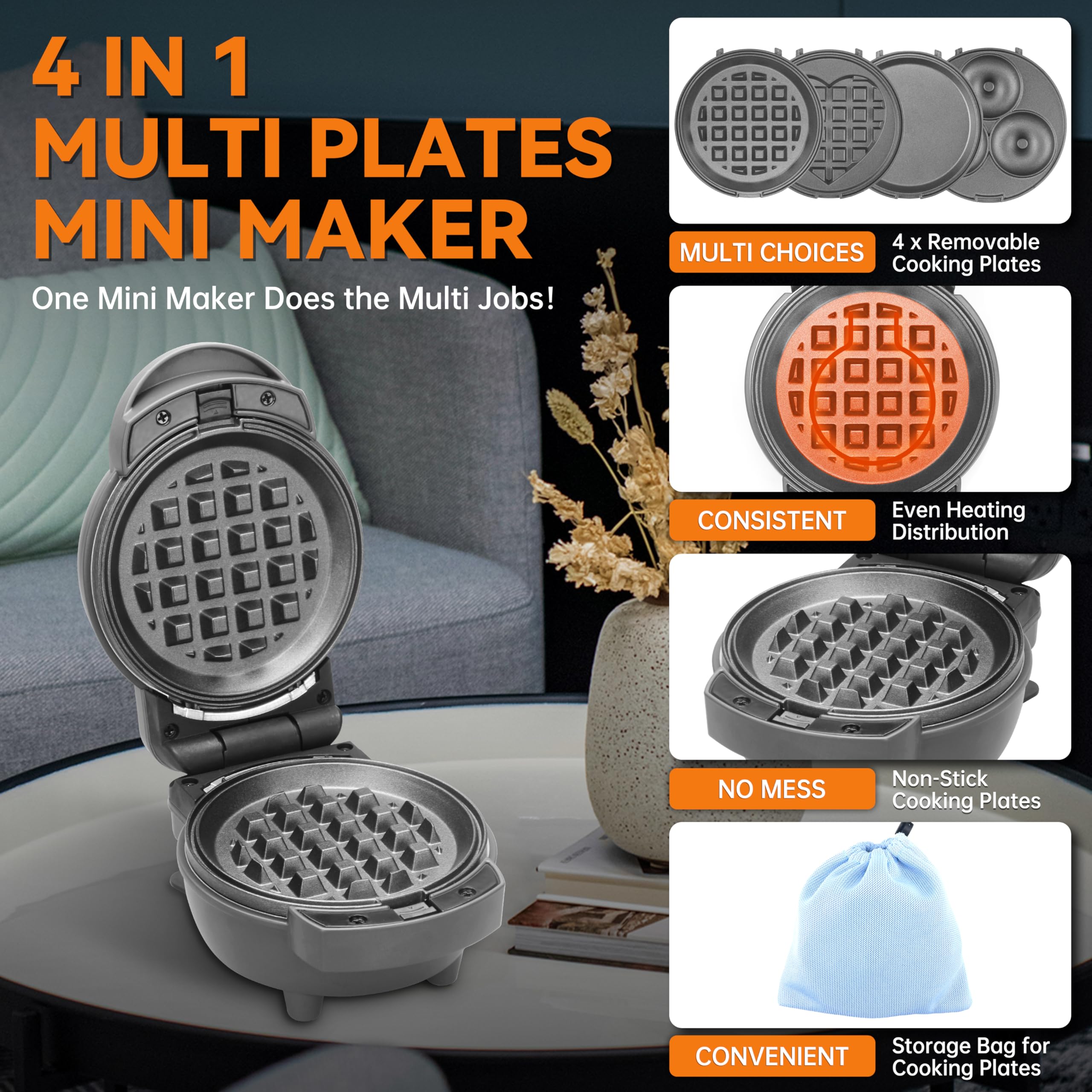 Baker's Friend 4 in 1 Mini Waffle Maker with Removable Plates, A Set of Mini Pancake Maker, Mini Donut Maker, Mini Heart Shape Waffle Maker and Small Waffle Maker, Recipe Included, Graphite