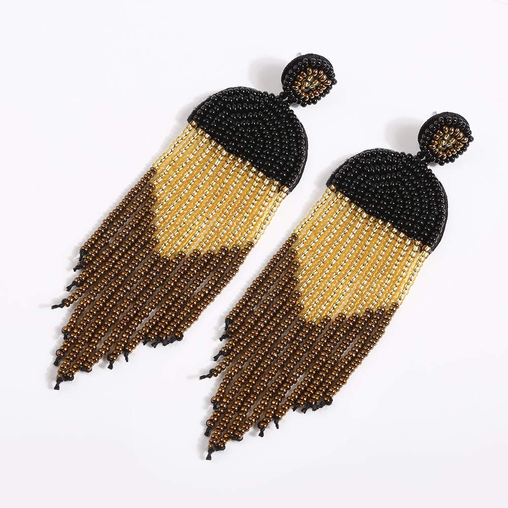 ALLEN DANMI Jewelry Dangle Earrings Ethnic Bohemia Style Handmade Colorized Seed Beads Waterfall Shape Statement Drop Earrings Shining Luxury Gift for Women. (Black)
