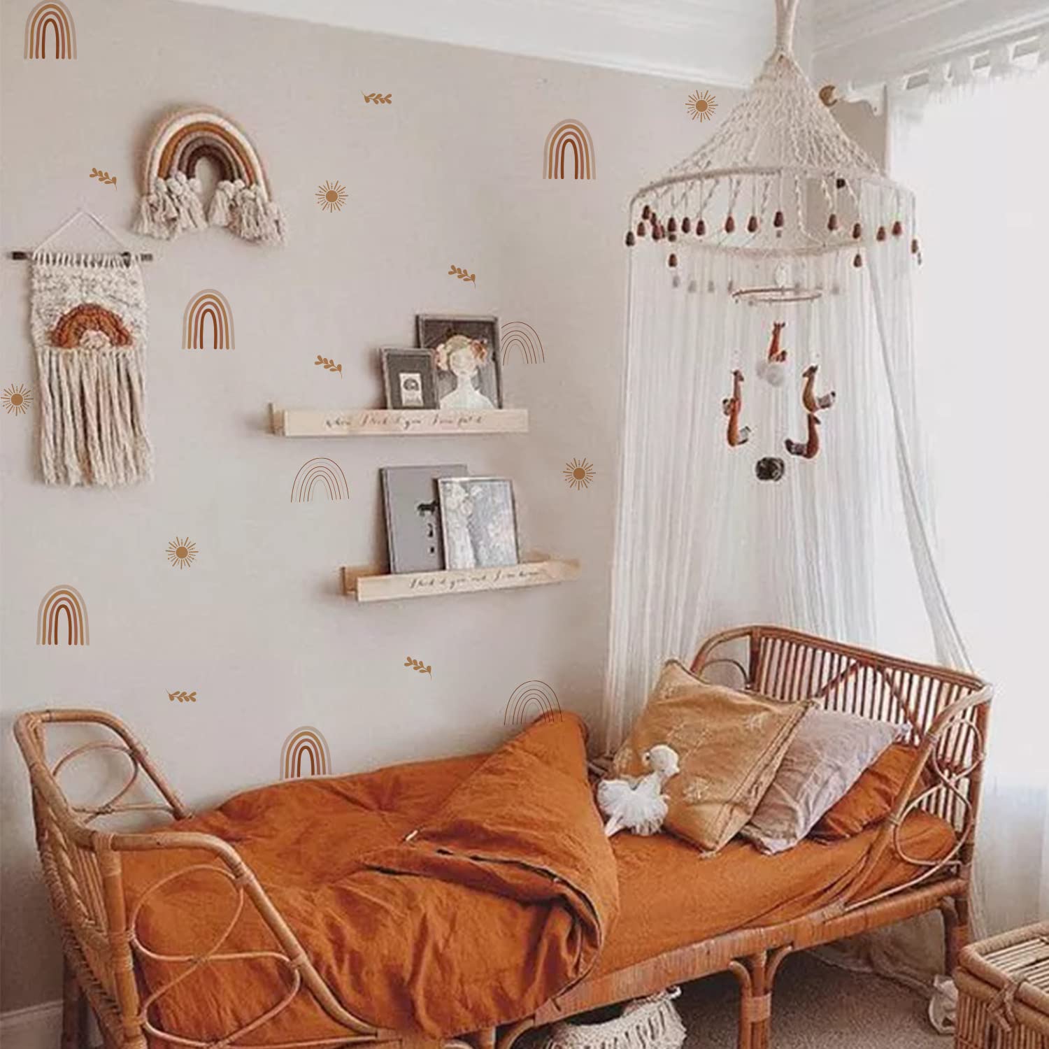 Boho Wall Stickers Girls Bedroom Removable Wall Decals Nursery Kids Room Decor Vinyl Murals DIY Cute Decorations (Rainbow Sun Plant)