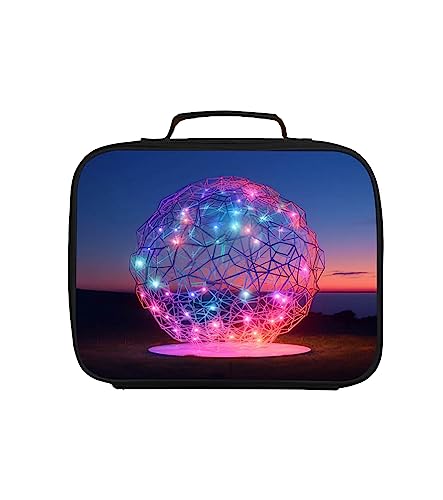 AnySmic Glowing Sculpture with Neon Lights at Night Kids Lunch Bag, Outdoor Art Kid Lunch Box, Polyester, Double Zipper, Single Sided Printed, Inner Insulation layer