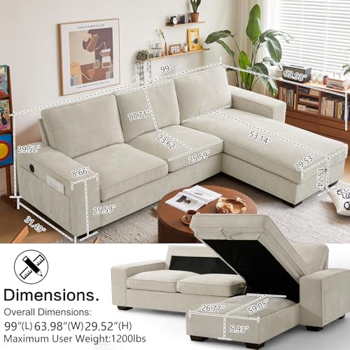 ASHOMELI 99β Convertible Sectional Sofa,L Shaped Couch,Multi-functional Reversible Sofa with USB and Type-C Charging Ports, Storage Space, Breathable Fabric (Beige)