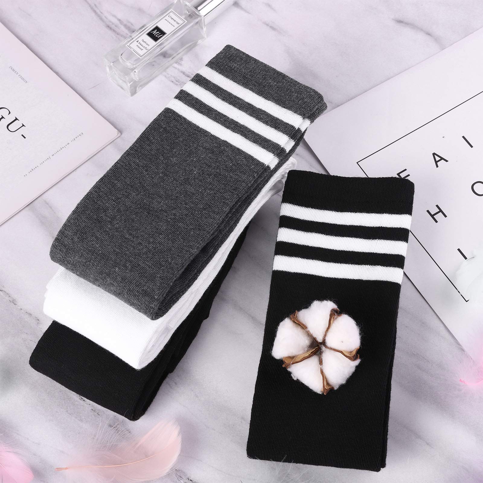 Aneco 4 Pairs Thigh High Knee Socks Extra Long Boot Stockings for Women (Black, White, Triple Stripes Style)