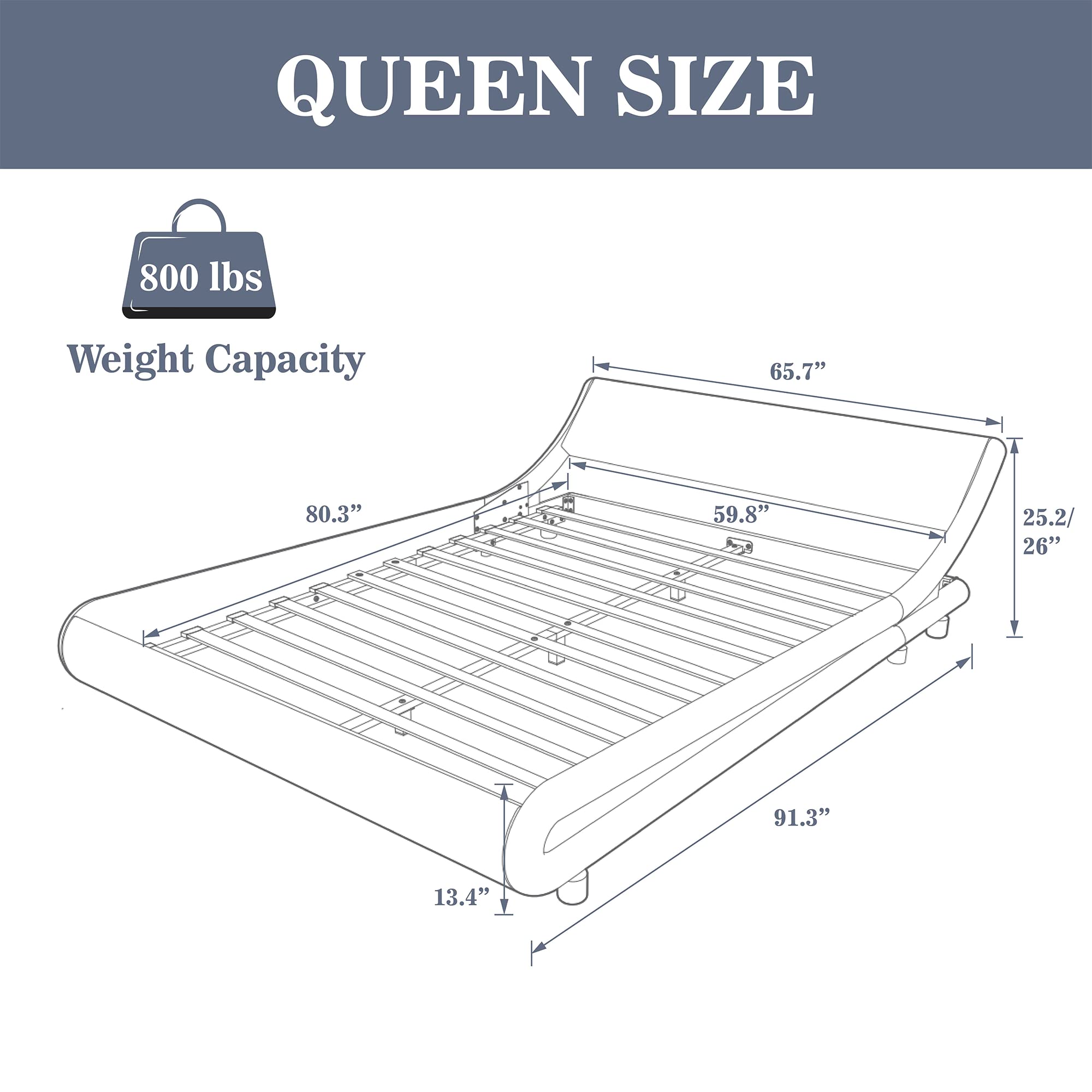 Allewie Queen Size Bed Frame with Curved Adjustable Headboard, Faux Leather Upholstered Platform Bed, Strong Wooden Slats Support, 10-12'' Mattress Recommended, Black