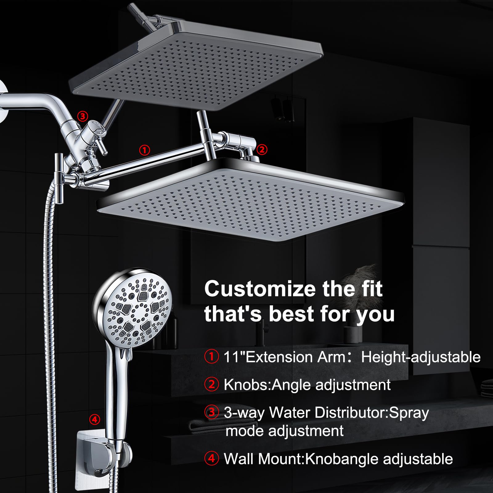 BSTKEECL 14”High Pressure Rain Shower Heads with Handheld Spray with Long Hoes Combo Rainfall Showerhead with 9Shower Water Sprayer Modes & Adjustable Extension Arm CP