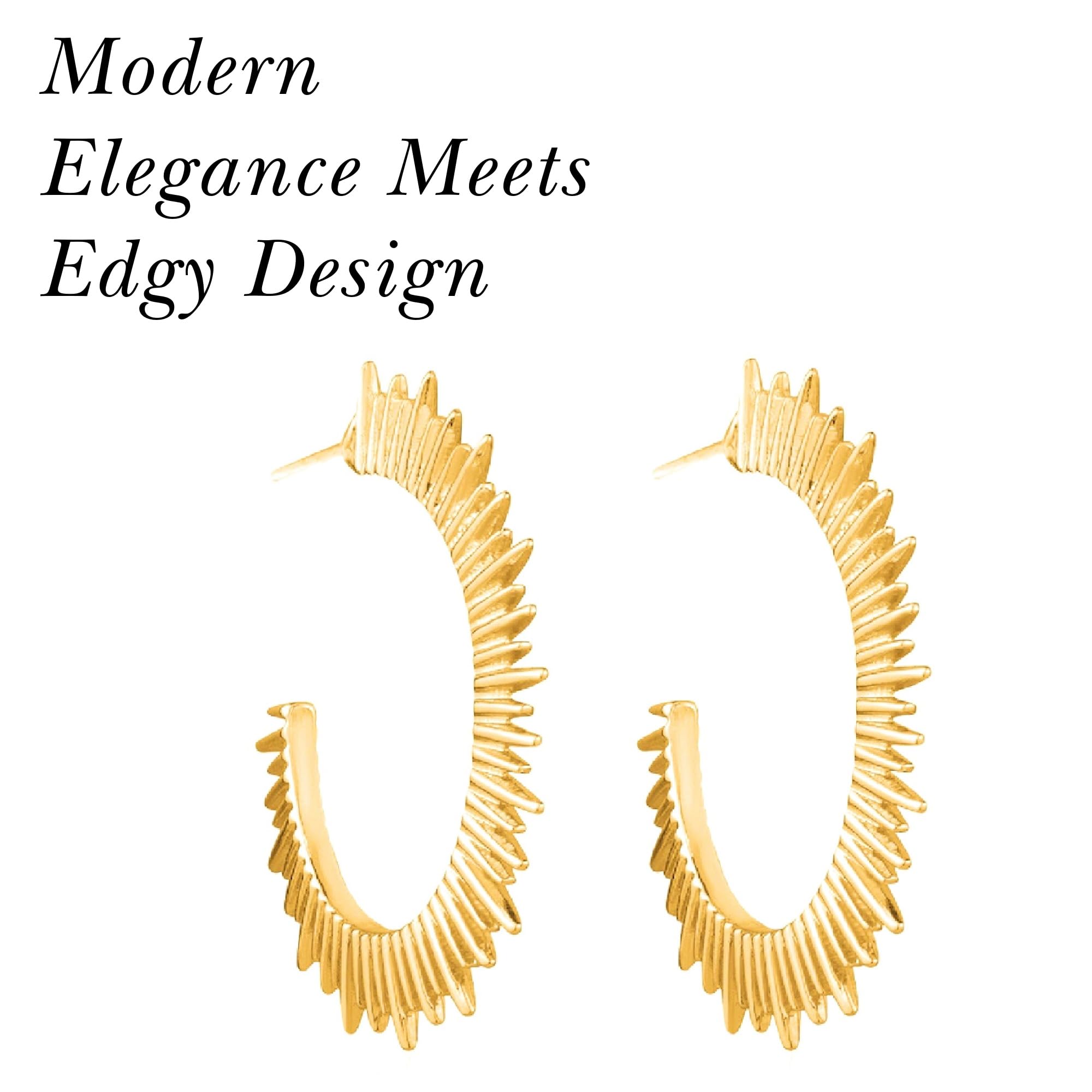ALLISON ROSE ATELIER – Women’s Spike Earrings – 16k Gold Plated Open C Sun Hoop Earrings – Cool Earrings – Spike Hoops – Gold Boho Statement Earrings