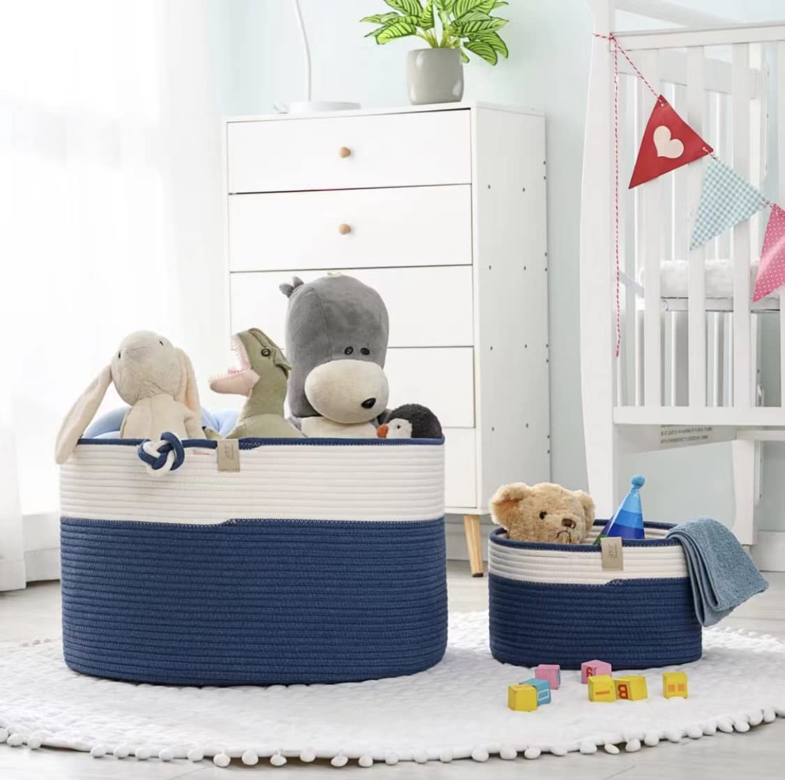 ART pinecone 2pc Extra Large(21.7*13.8) & Small(11.8*7.8) Cotton Rope Basket, Round Woven Storage Basket, Cute Toy Basket, Baby Nursery Hamper, Shelf Decorative Bin, Blue & White