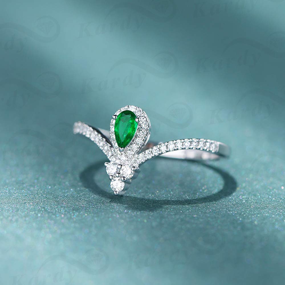 Amazing Elegant Deep V Shape Natural Emerald Gemstone Diamond Solid 14K White Gold Engagement Wedding Promise Ring for Women