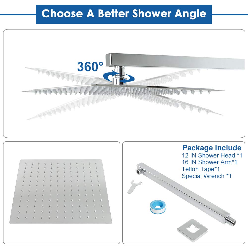 HarJue Shower Head with Extension Arm, High Pressure Square Shower Head with ShowerArm, Stainless Steel Rainfall Showerhead-Waterfall Full Body Coverage (12'' ShowerHead with 16'' Arm, Chrome)