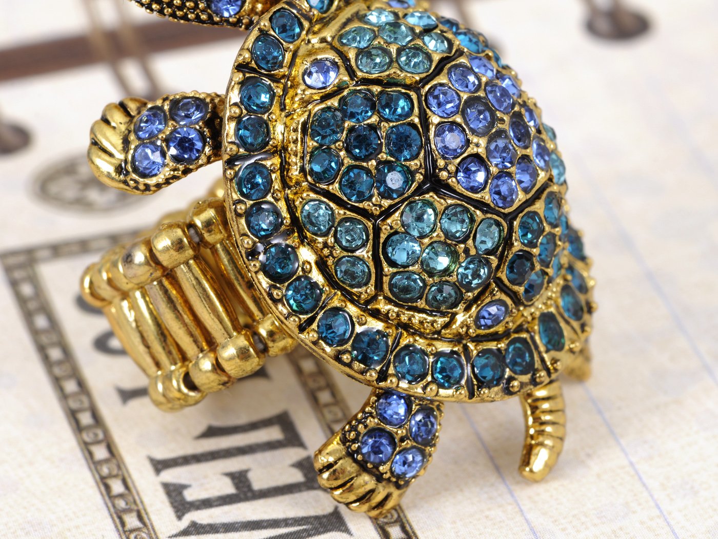 Alilang Golden Tone Shine Sapphire Blue Rhinestones Turtle Tortoise Adjustable Ring