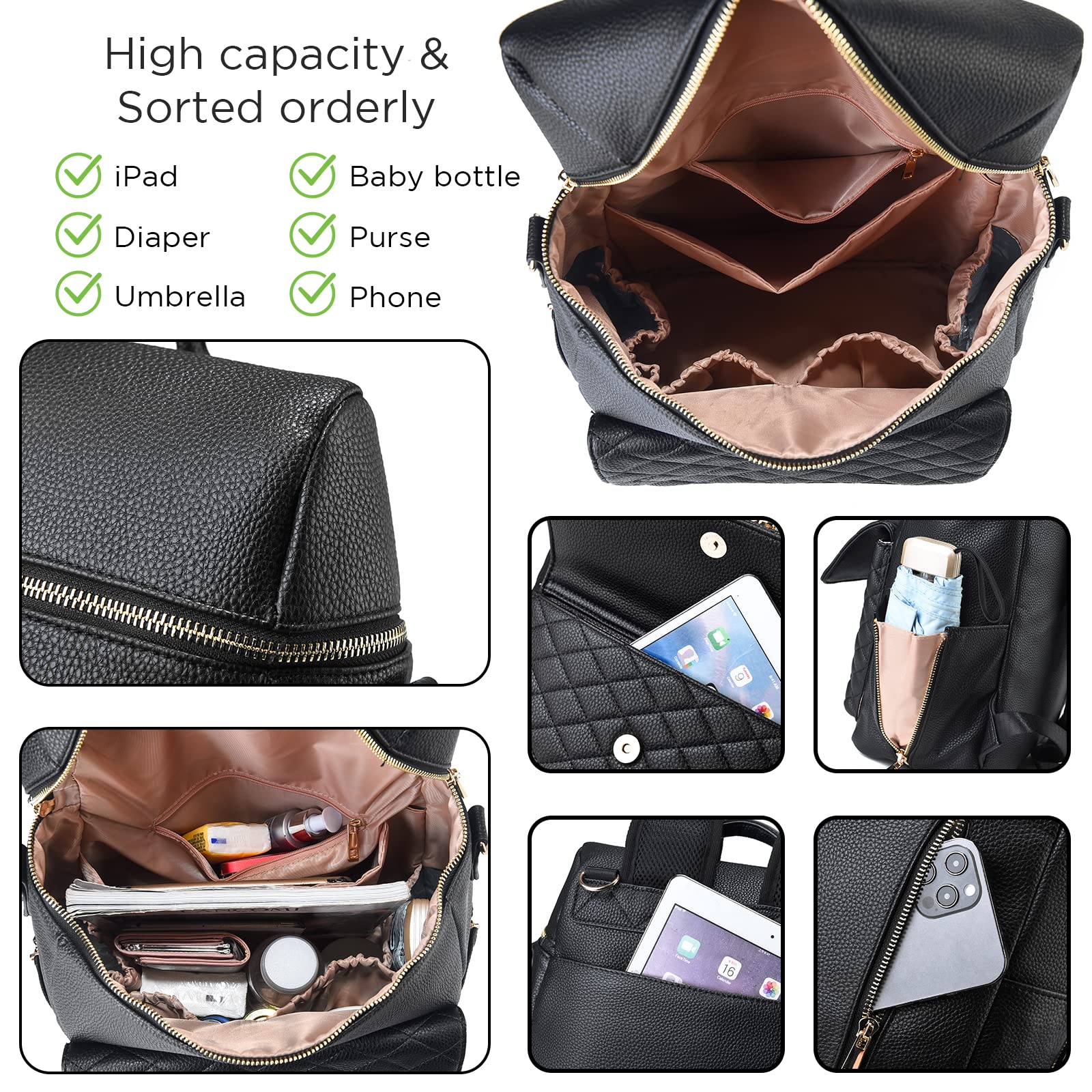 Diaper Bag Backpack Leather Baby Bag with Multiple Pockets, Changing Station, Stroller Straps, Large Capacity for Wet Clothes, Breast Pump, Milk Bottle Brown