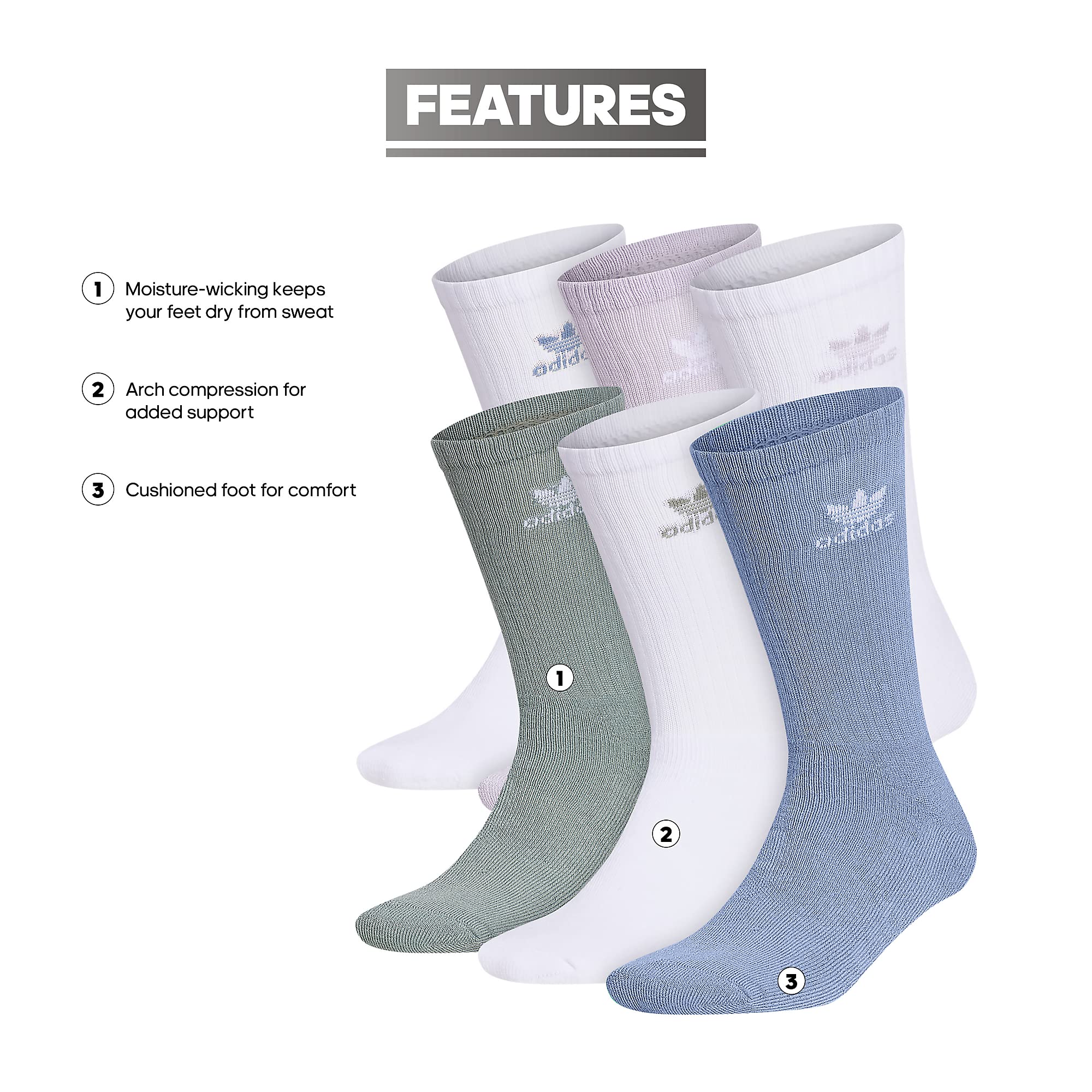 adidas Originals Trefoil (6-Pair) Crew Sock, Blue Dawn/Silver Dawn Grey/Silver Green, Large