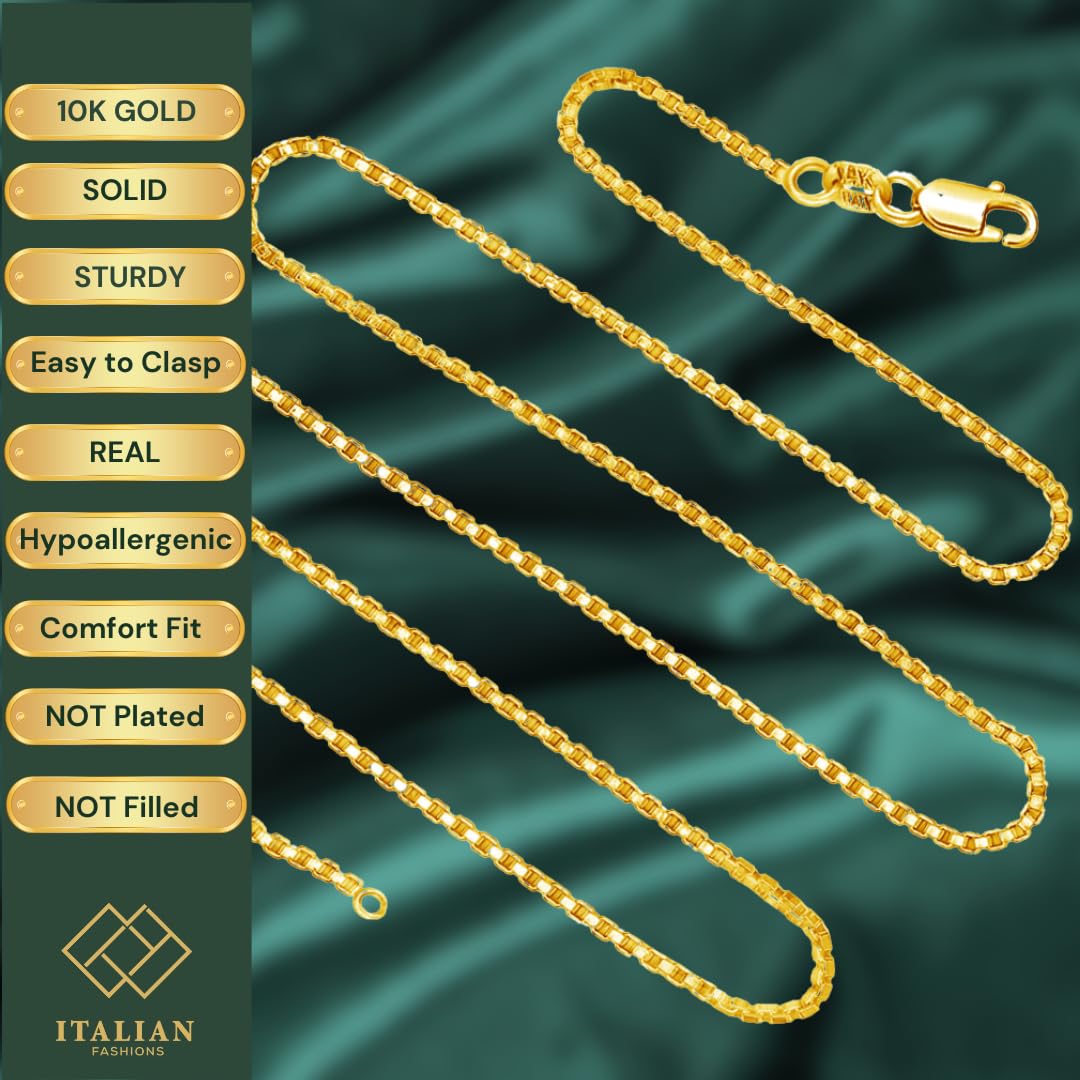 ITALIAN FASHIONS REAL Solid 10K Yellow or White Gold 0.50mm - 1.3mm Diamond-Cut Square Mirror Box Veneziana Chain Necklace with Lobster Claw Clasp | Multiple Lengths Available | Men Women | MADE IN ITALY (10K Solid Yellow Gold 0.7mm, 24.0 Inches)