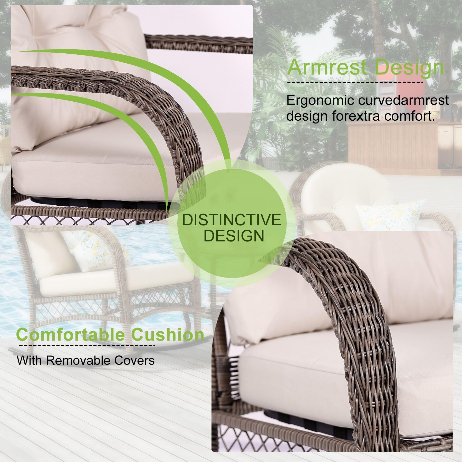 BALDPER 6 Pieces Patio Conversation Set, Lounge Rocking Chair with Cushion & Coffee Table, Wicker Bistro Set, Outdoor Furniture Set for Porch, Deck, Backyard, or Poolside, Beige