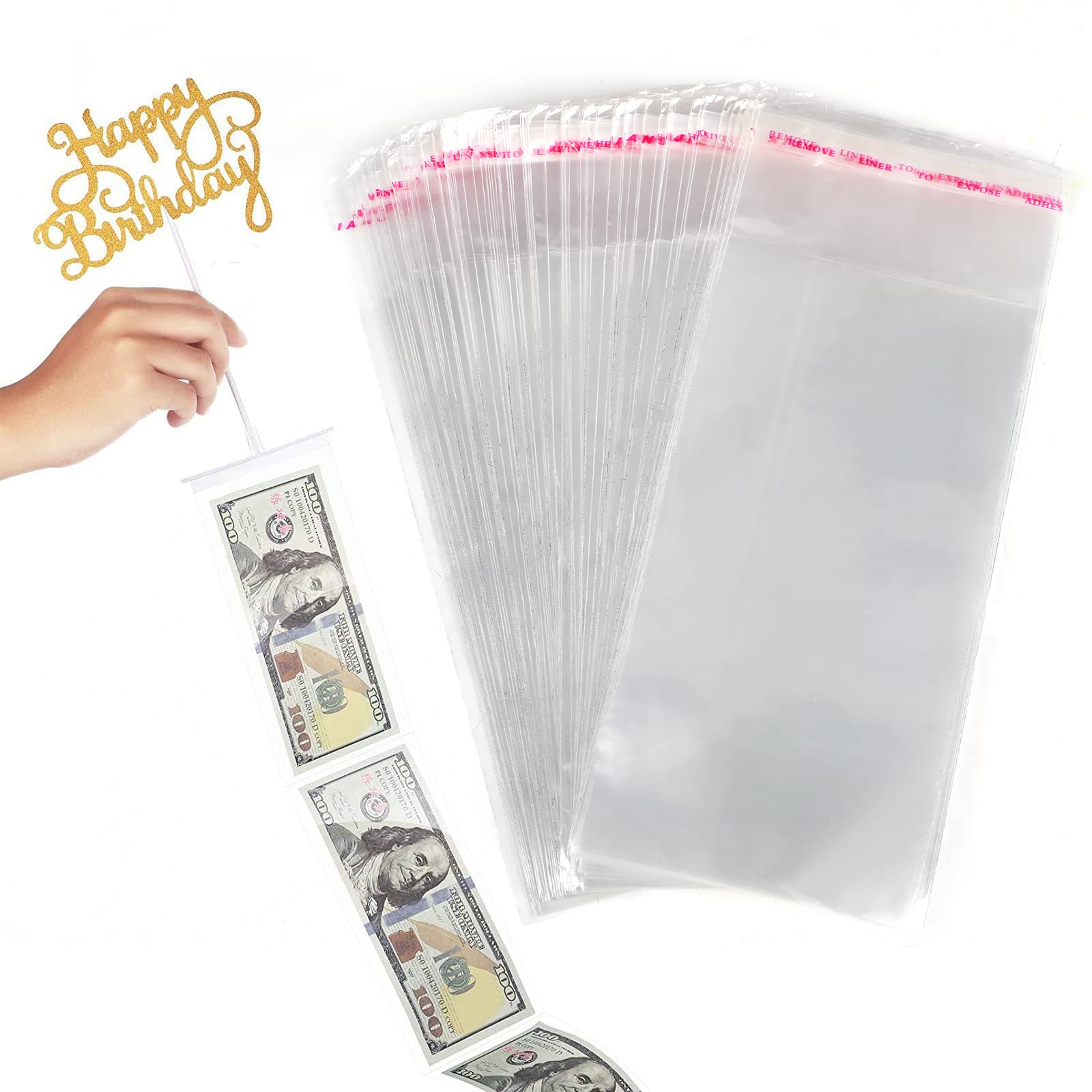 LOMIMOS 100pcs Cake Money Box Transparent Bag,Resealable Cellophane Adhesive Self-Sealing Clear Plastic Packing Bag for Birthday Wedding Party Decoration,3.1X7.5in