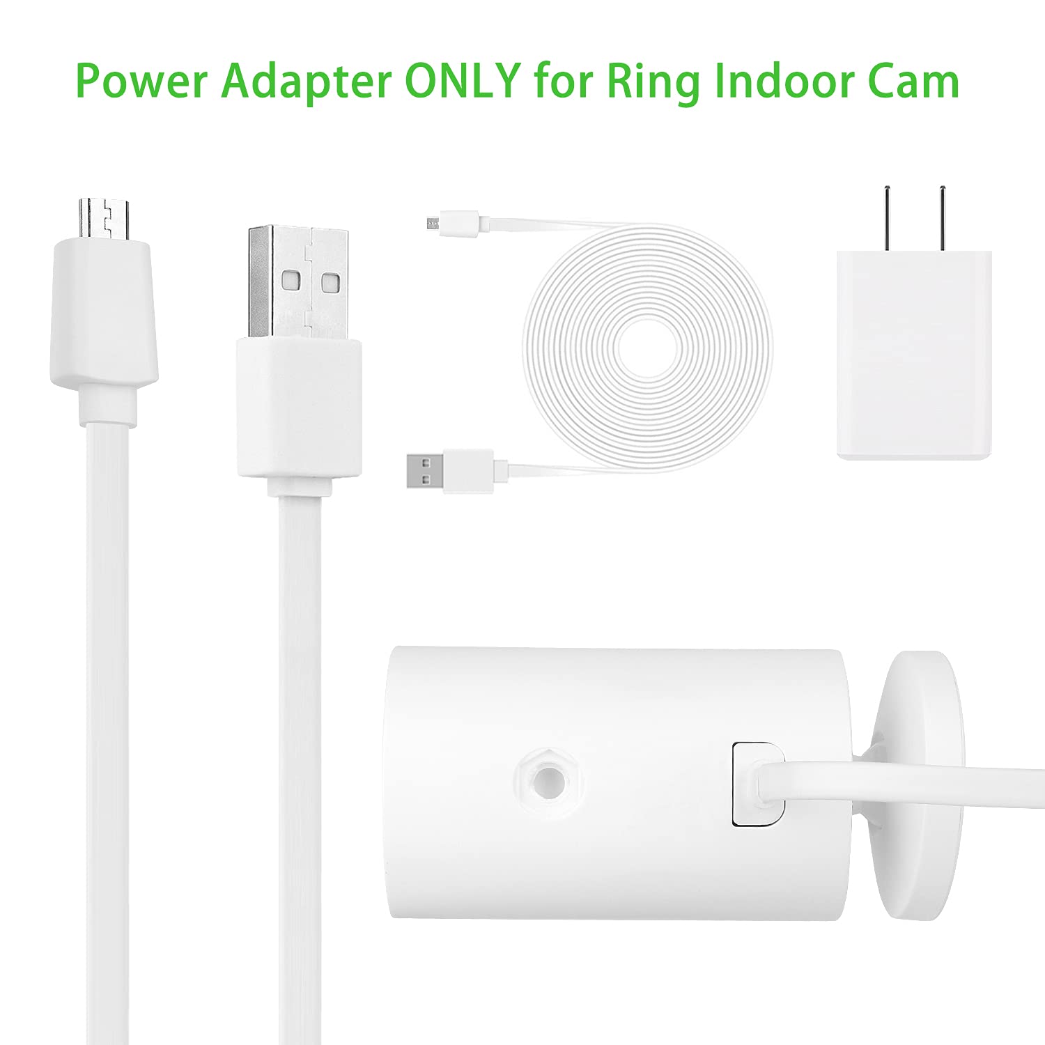 ALERTCAM Power Adapter for Ring Indoor Cam and All-New Ring Indoor Cam (2nd Gen), with 25Ft/7.5m Flat Charging Cable Continuously Charge Your Camera (NOT Compatible with Ring Stick Up Cam)
