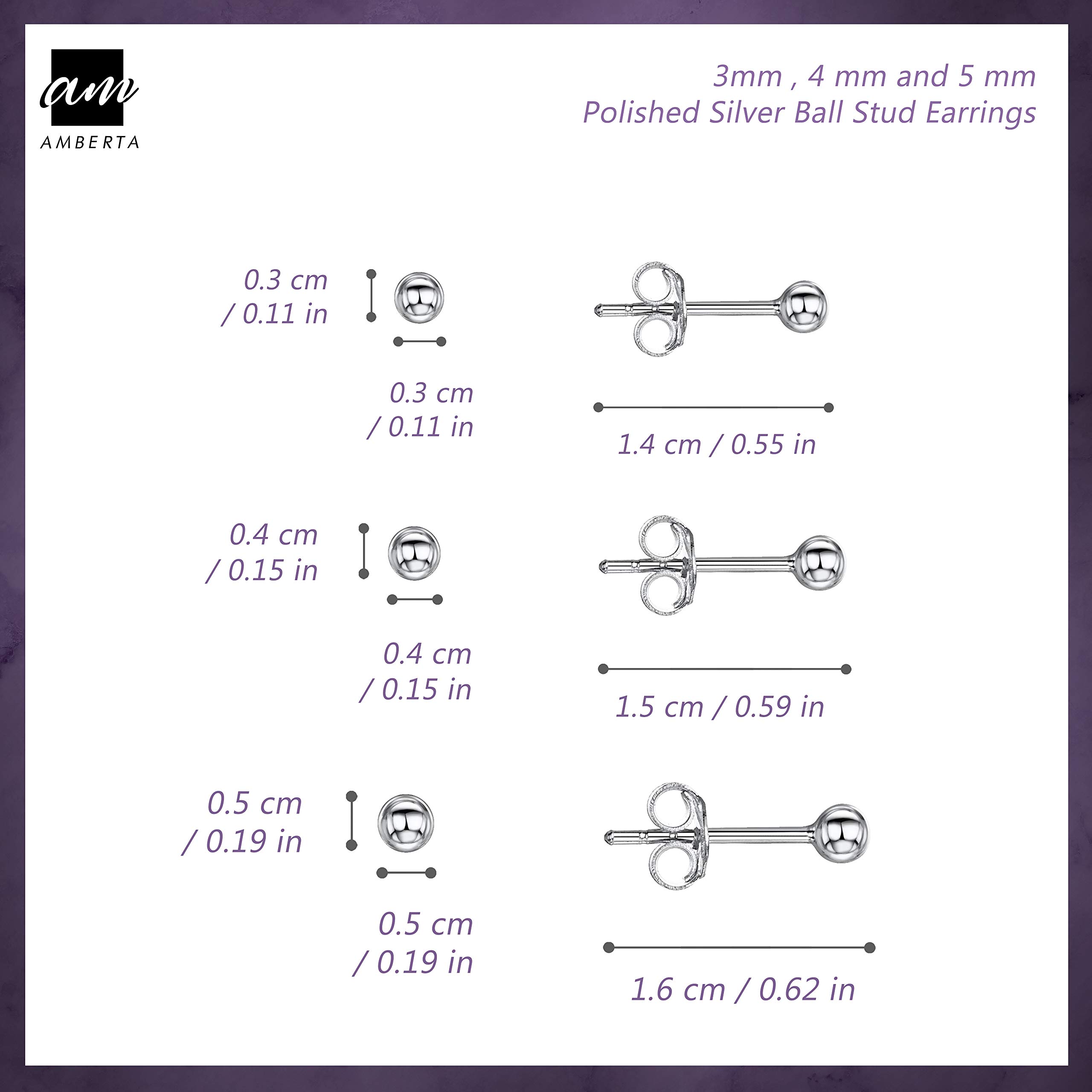Amberta Women's 925 Sterling Silver Stud Earrings Set: Tiny Ear Piercing Studs with 2mm CZ Cubic Zirconia Cristals (Set of 4/2 pairs)