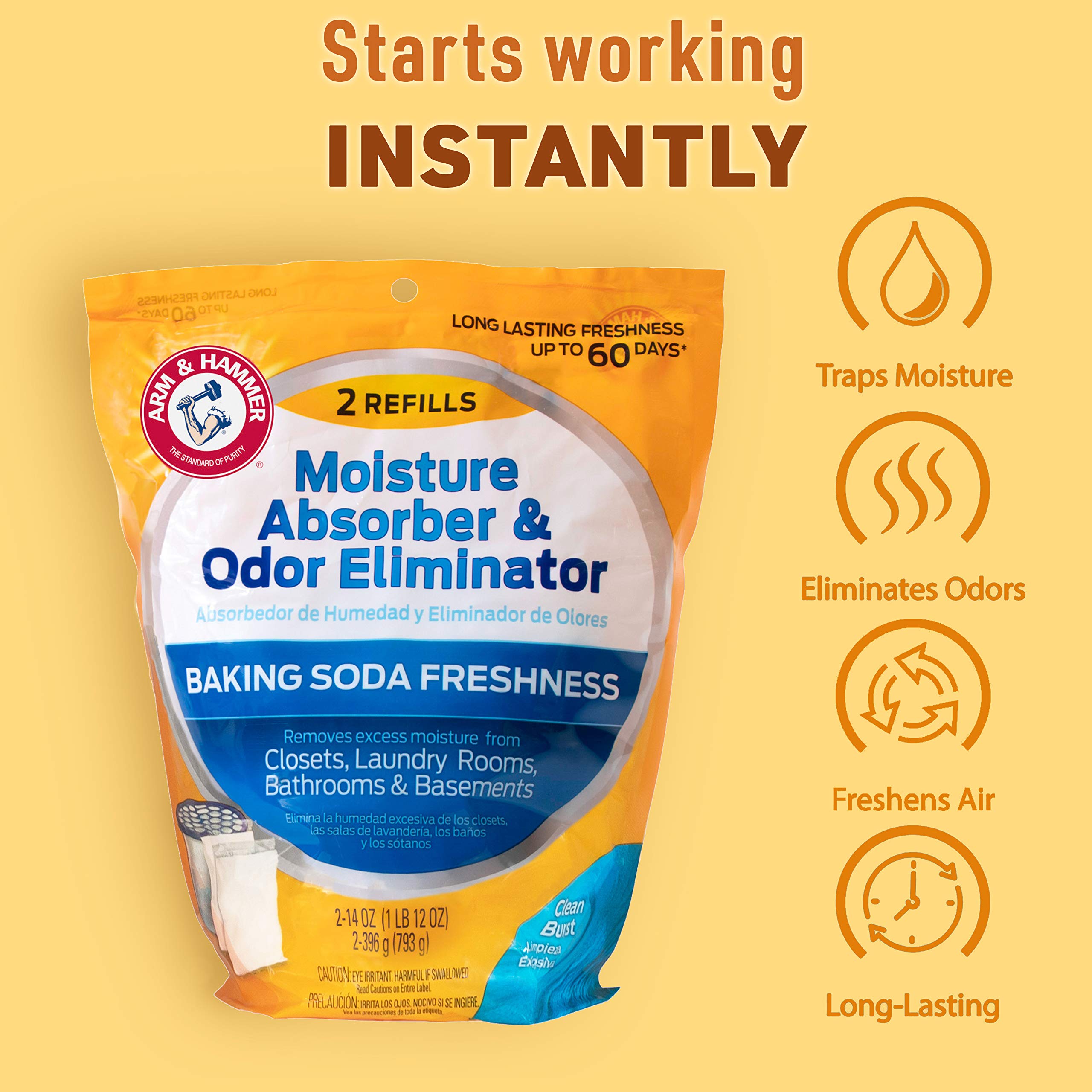 Arm & Hammer Clean Burst Moisture Absorber and Odor Eliminator Refill, 14 Ounce (Pack of 2), White, 28 Ounce