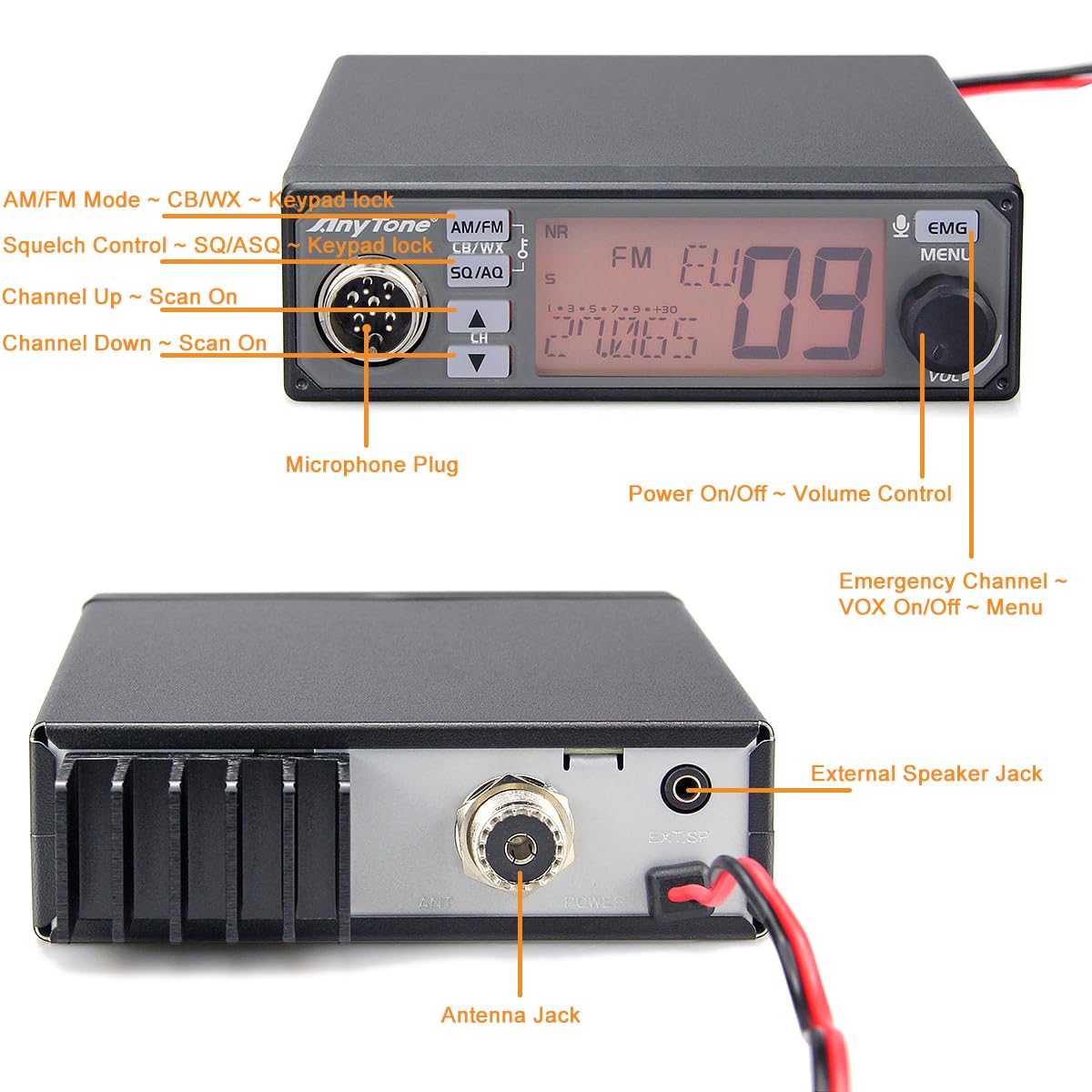 AnyTone AT-500M II CB Radio for Truck, 12V Mobile Transceiver with NRC, VOX, AM/FM, PA, WX, Emergency Channels, Output Power 4W, CTCSS/DCS, Talkback and 7 Color Display