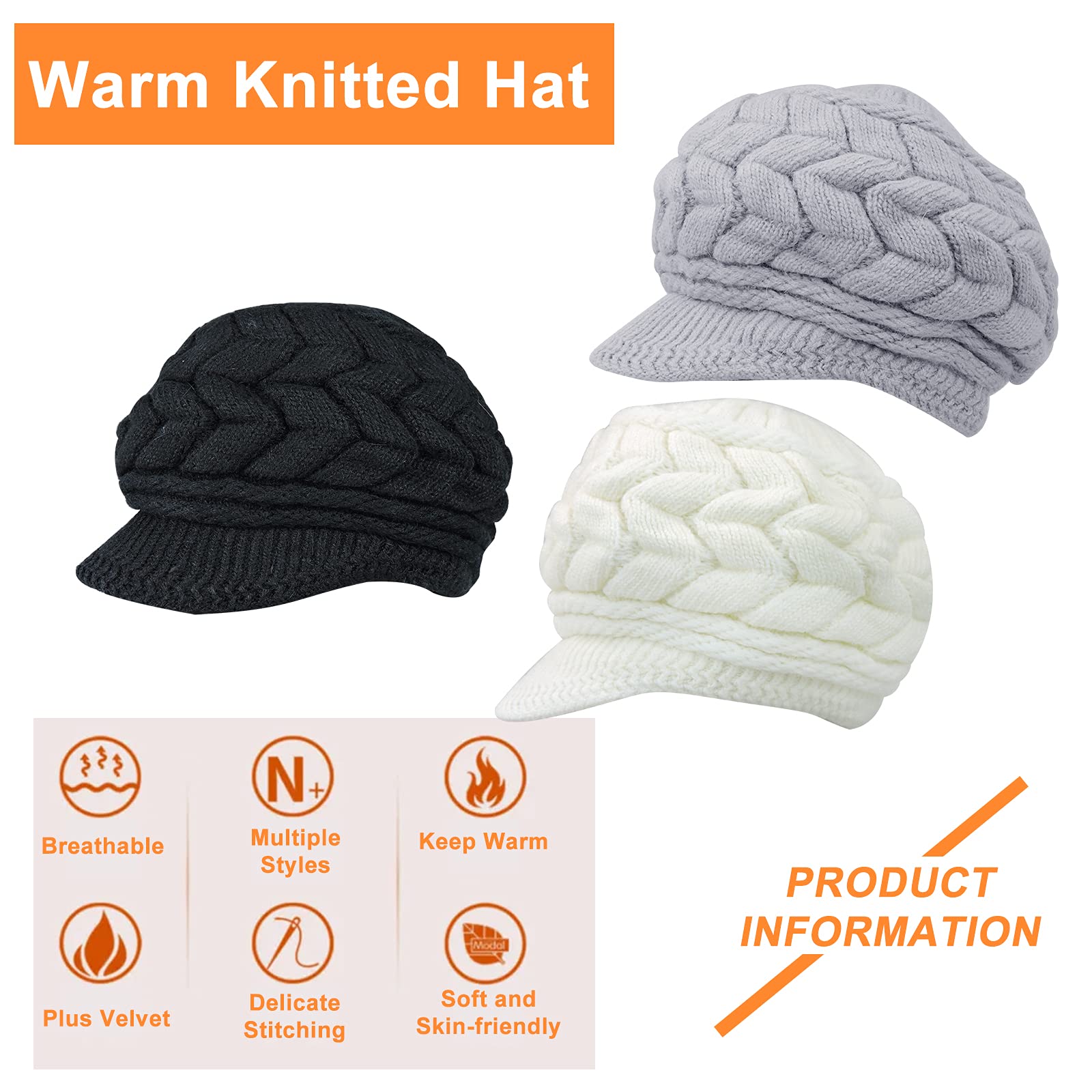 Andiker Women Winter Knit Hat with Brim, Elegant Beanie Cap with Warm Fleece Lined (Black)