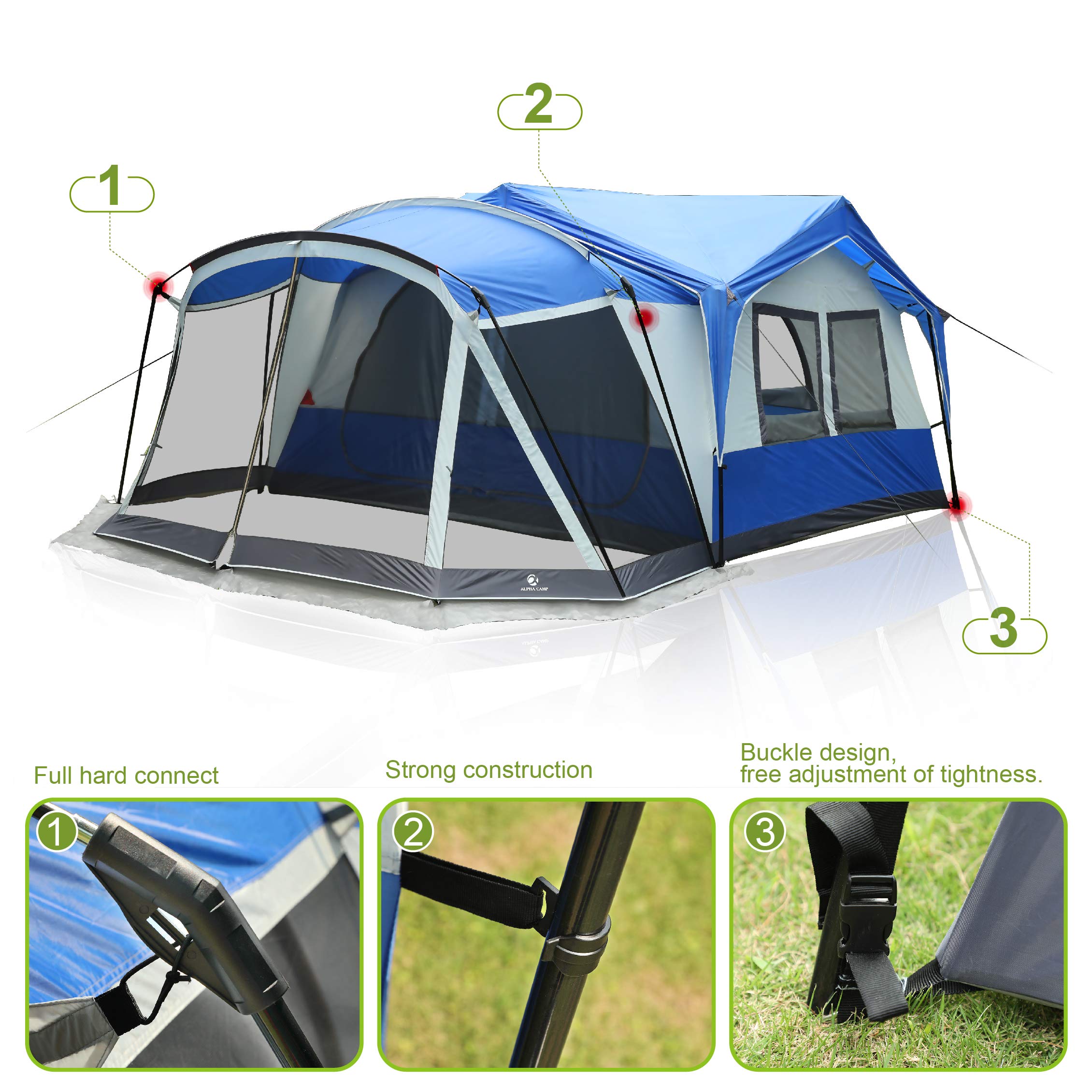 ALPHA CAMP 10-12 Person Family Camping Tent with Screen Room Cabin Tent Design - 19' x 12'