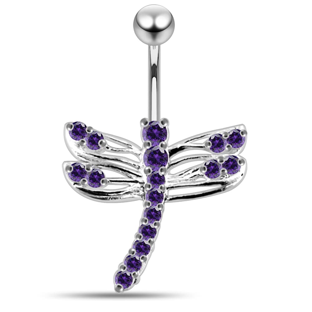 AtoZ Piercing Purple Gemstone Fancy Large Dragonfly 925 Sterling Silver with Stainless Steel Belly Button Rings