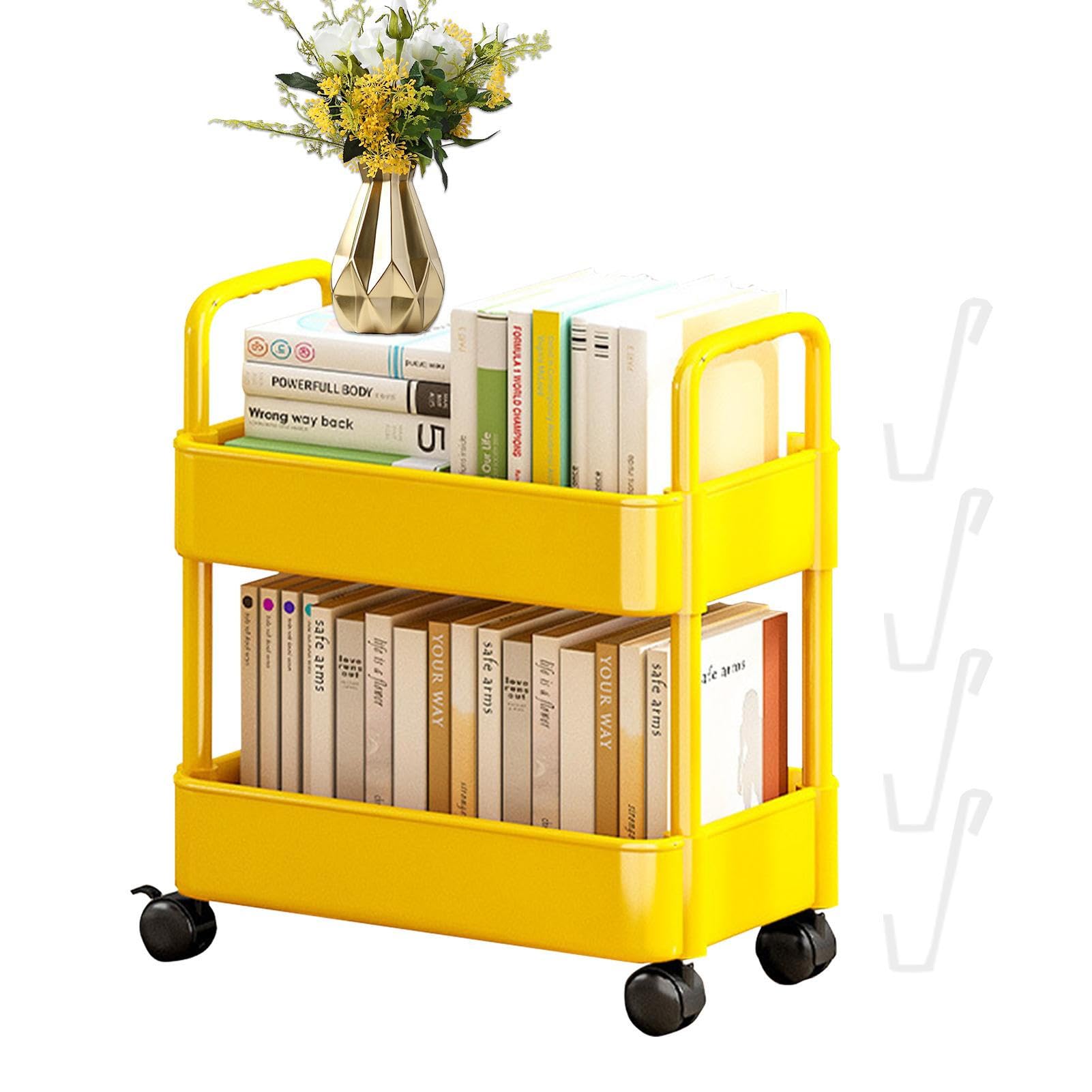 ANZAGA Bookshelf Cart, 2 Tier Rolling Cart Book Organizer, Movable Bookshelf, Rolling Shelf with Wheels & Hooks, Movable Storage Organizer for Home and Office
