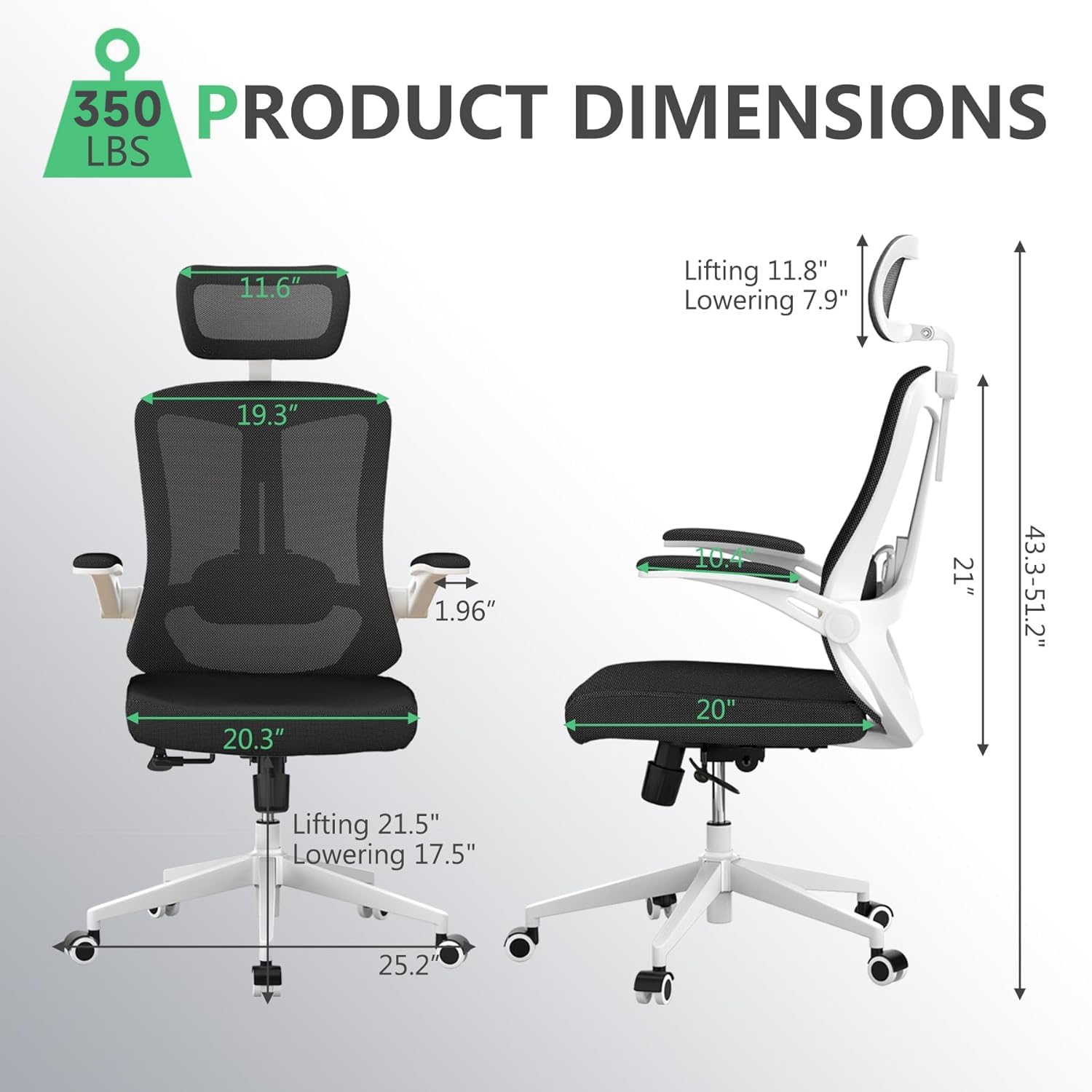 balmstar Desk Office Chair, Ergonomic Comfy Office Chairs, High Back Gaming Chair with Wheels, Home Mesh Computer Chair-350LBS Capacity, Lumbar Support, Adjustable Headrest, Flip-up Armres