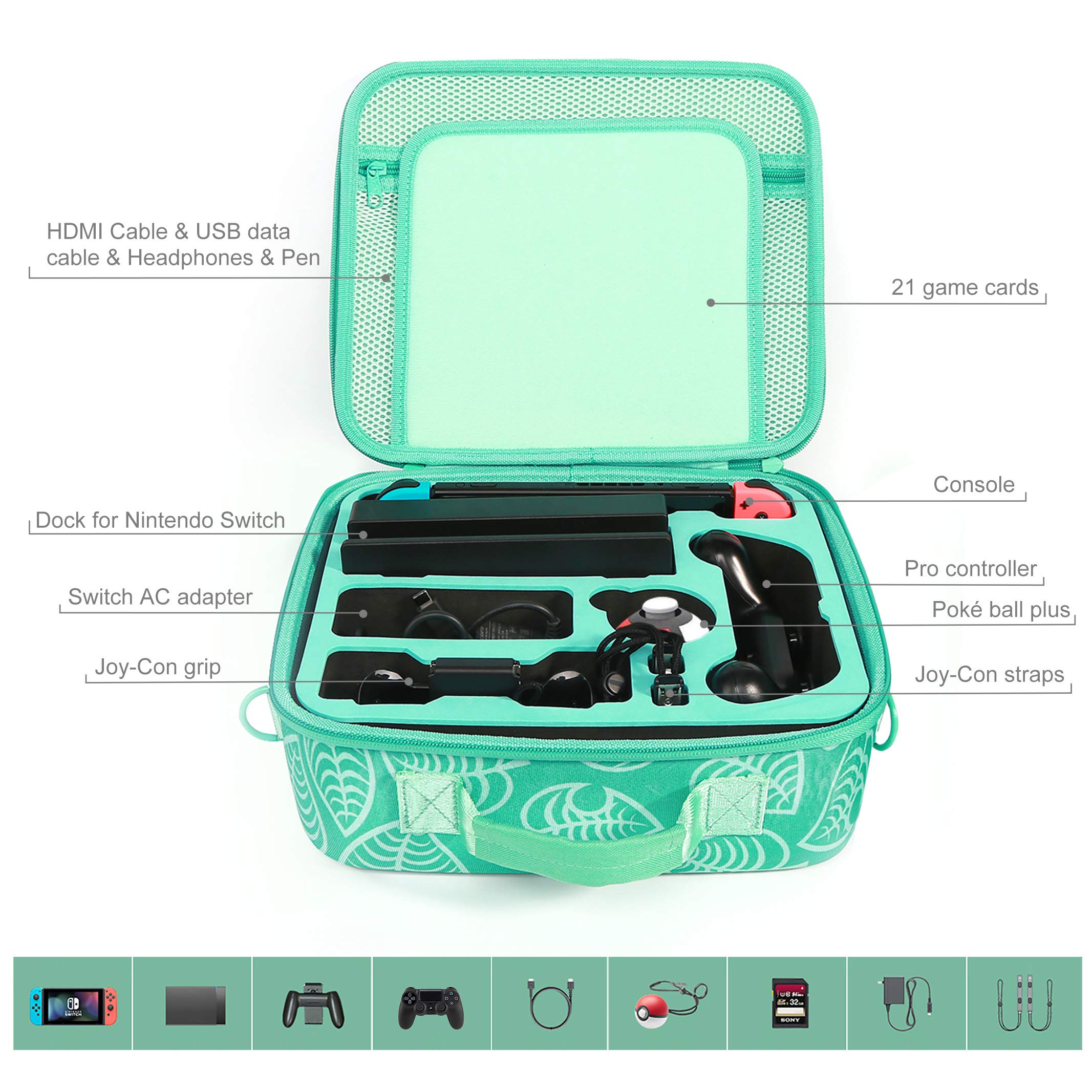 Anyuwen Carrying Case for Nintendo Switch, New Leaf Crossing Storage Case for Nintendo Switch Console Controller and Accessories Large Hard Shell Protective Bag with Handle and Shoulder Strap
