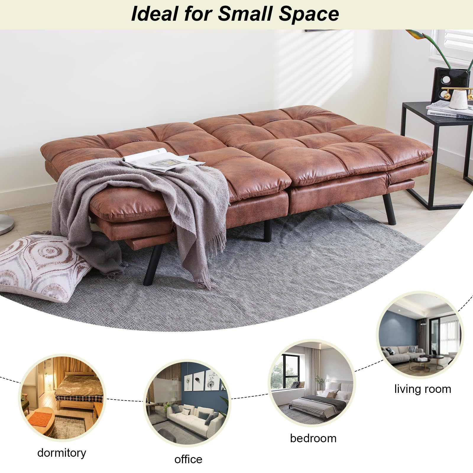 Maxspeed Sofa Bed, Convertible Memory Foam Sofa, Modern Loveseat Sleeper with Adjustable Armrests and Backrest, Faux Leather Futon for Living Room, Office, Small Space, Brown