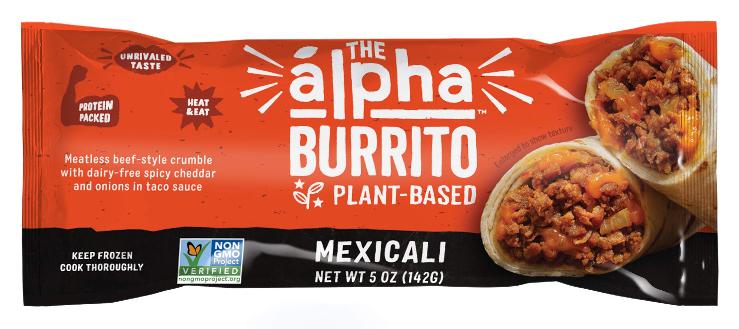 Alpha Foods Vegan Mexicali Burrito | 100% Plant-Based Protein | Dairy Free | Frozen Burrito | Meatless | 5oz (Single)