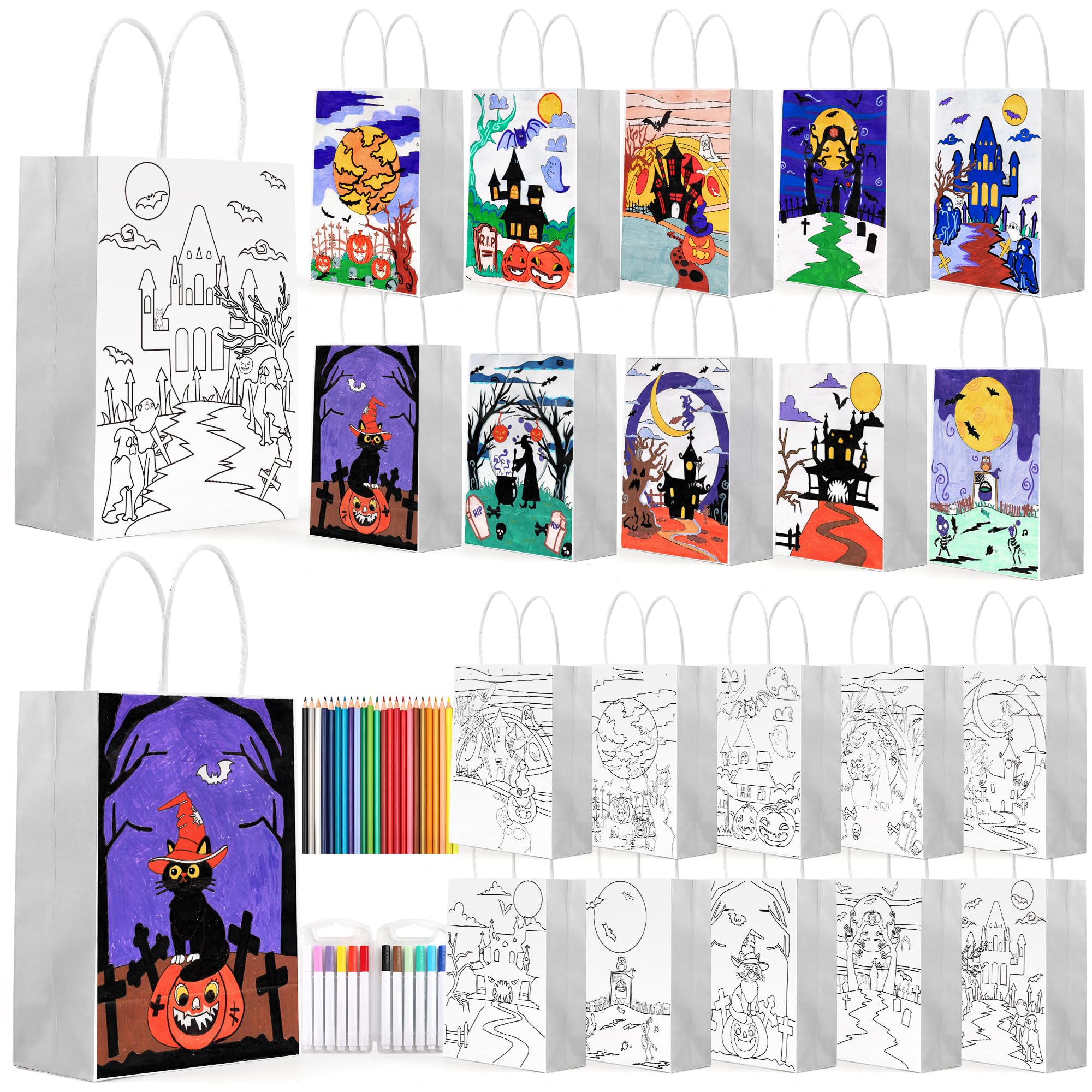 Aothotop 60Pcs Halloween Paper Bags Color Your Own Bags for Kids Bulk Halloween Candy Bags with Handles 48 Watercolors and Colored Pencils,DIY Halloween Goodie Bags Party Favors Trick or Treat Bags