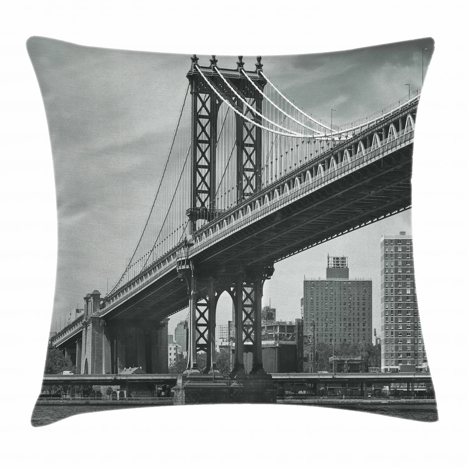 Ambesonne New York Throw Pillow Cushion Cover, Bridge of NYC Vintage East River Image USA Travel Top Place City Photo Art Print, Decorative Square Accent Pillow Case, 18" X 18", Grey