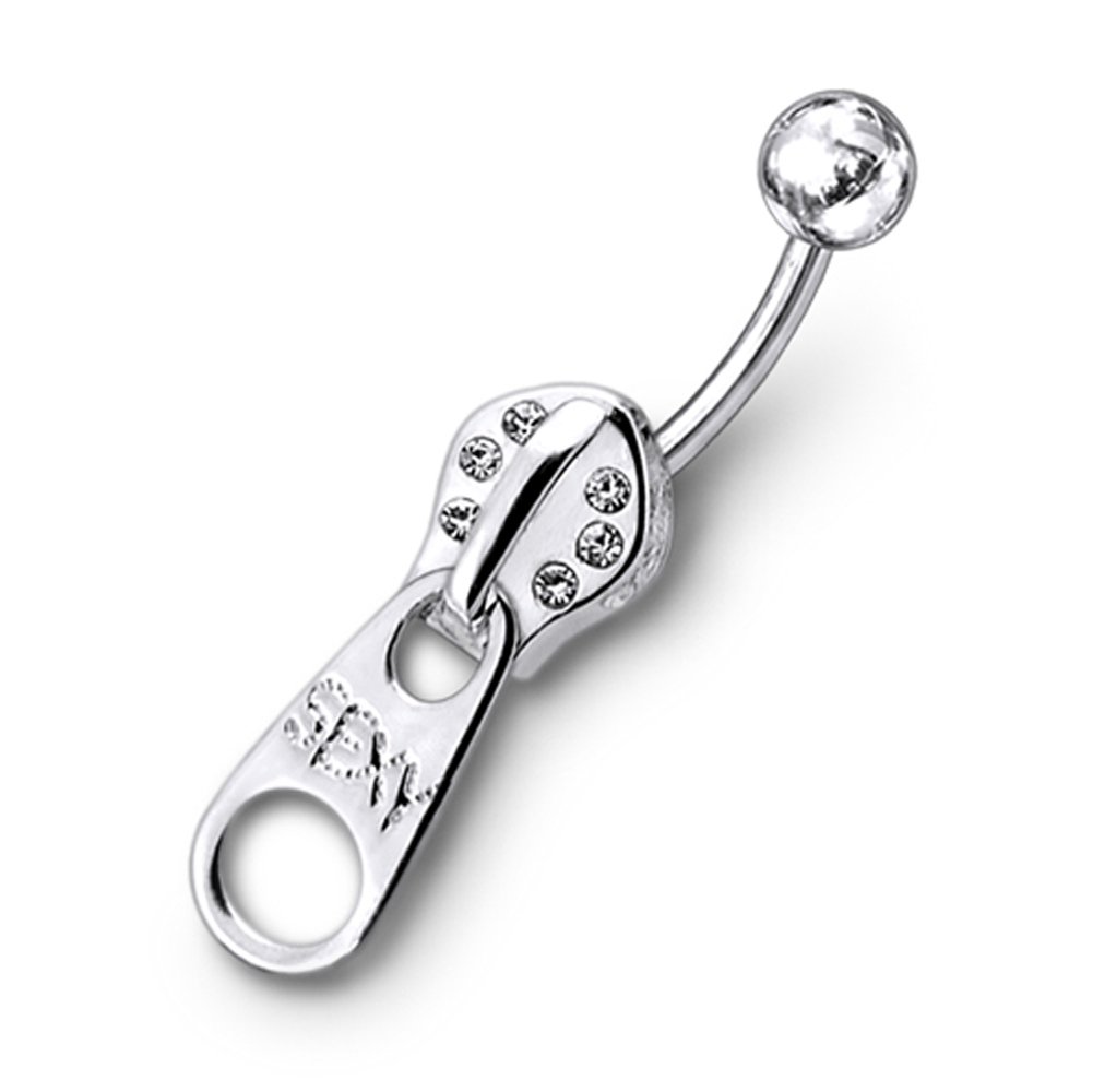 AtoZ Piercing White Crystal Stone Fancy Sexy Zipper Dangling 925 Sterling Silver with Stainless Steel Belly Button Rings