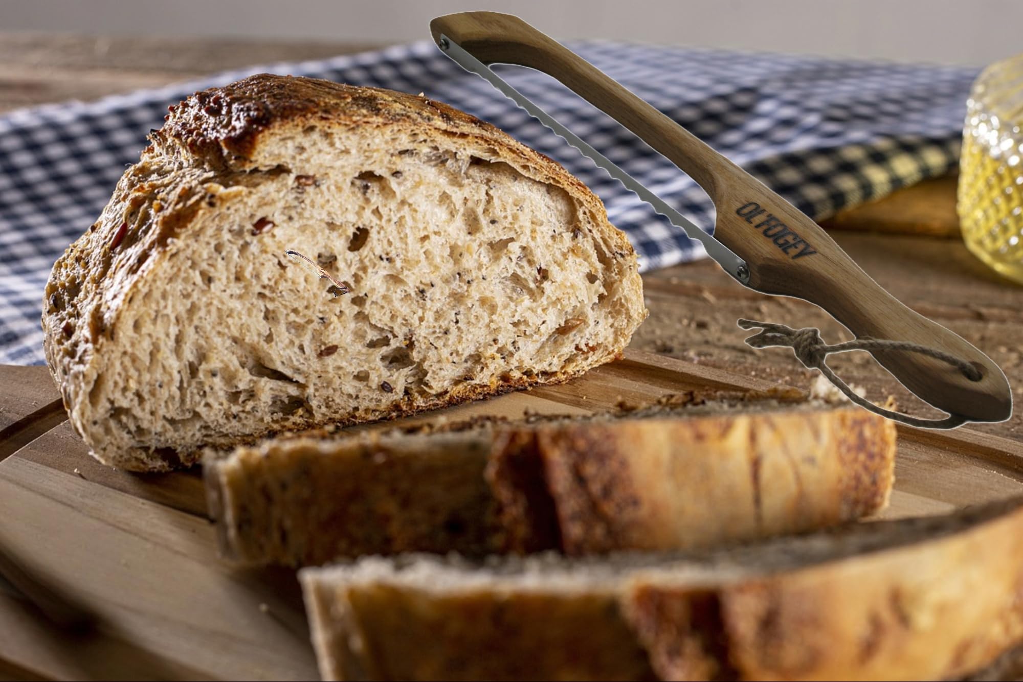 BREAD Knife islice.ca Bagel Knife - solid oak bow bread slicer for homemade bread - 17 inch - easy grip handle. For sourdough loaf & baguettes, easily slices crusty and hot loaves premium kitchen gift