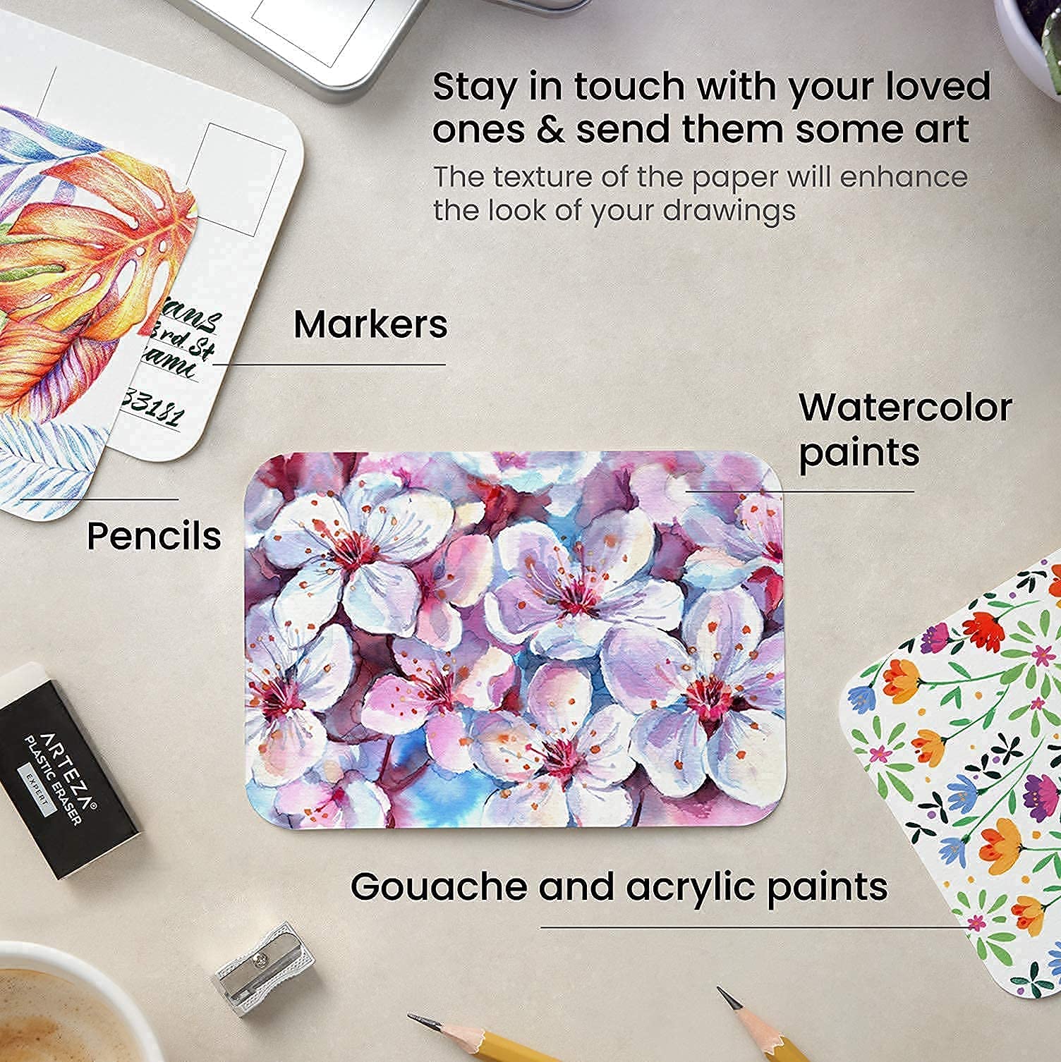 Arteza Real Brush Pens and Blank Watercolor Postcards Bundle, Drawing Art Supplies for Artist, Hobby Painters & Beginners