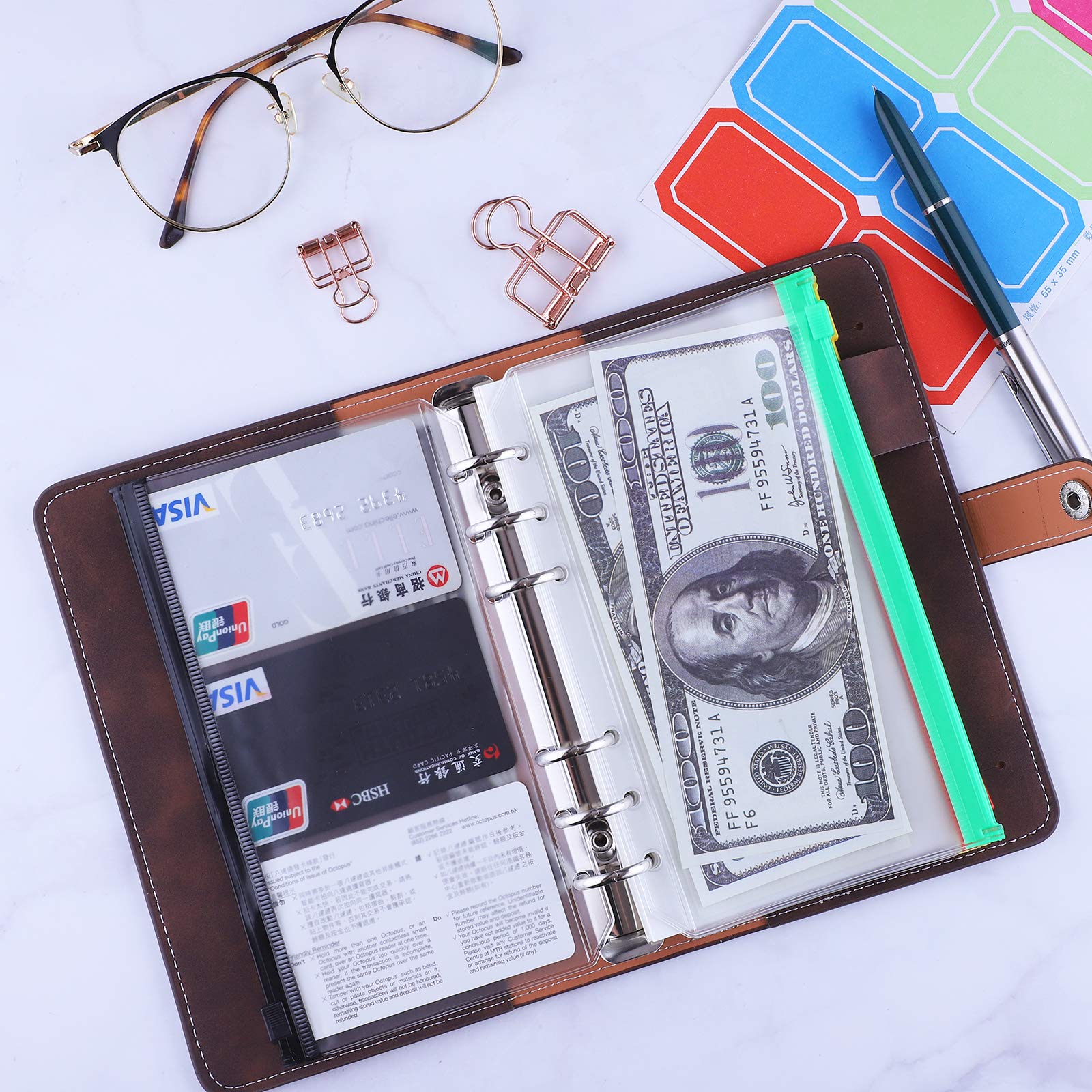 Antner A6 Budget Binder with Zipper Envelopes for Budgeting, Money Organizer for Cash, Budget Planner with Multicolor Cash Envelopes, Money Saving Binder, Light Brown