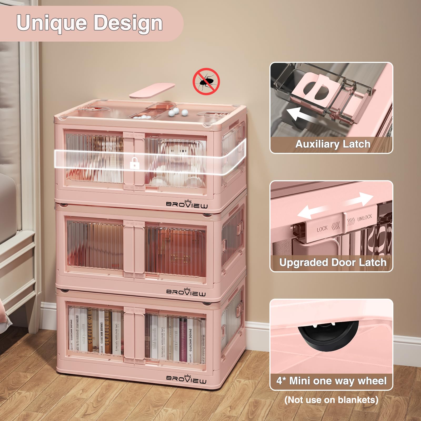 BROVIEW 32qt Pink Storage Bins with Lids for Women Girls Lady, Pink Closet Organizers and Storage, 3 Pack Pink Stackable Collapsible Plastic Storage Bins with Lids for Hat Bag Dressing Table Dorm Room