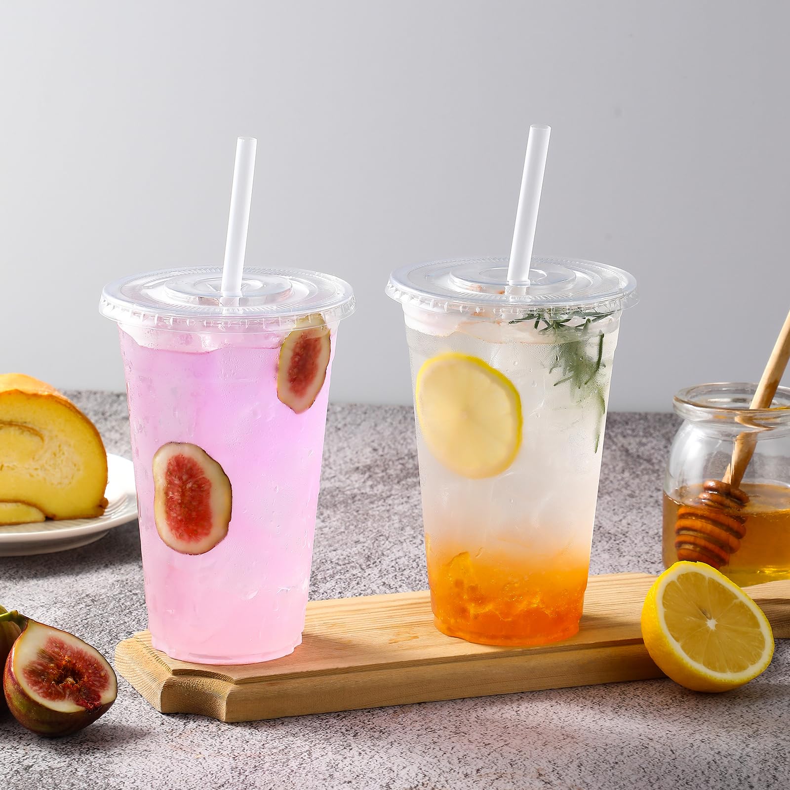 AOZITA [100 Sets] 10 oz Clear Plastic Cups With Lids and Straws, Disposable Cups With Lids for Iced Coffee, Smoothie, Milkshake and Cold Drinks