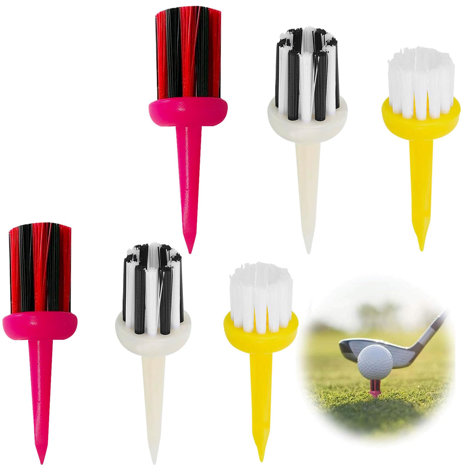 Amy Sport Golf Tees Brush Type Unbreakable Plastic 2.0 2.2 2.4 Inch Mixed Height Value Pack, Yellow White Colored Tee Driver Oversized for Low Friction More Distance Consistent… (6 Pcs Mixed Size)