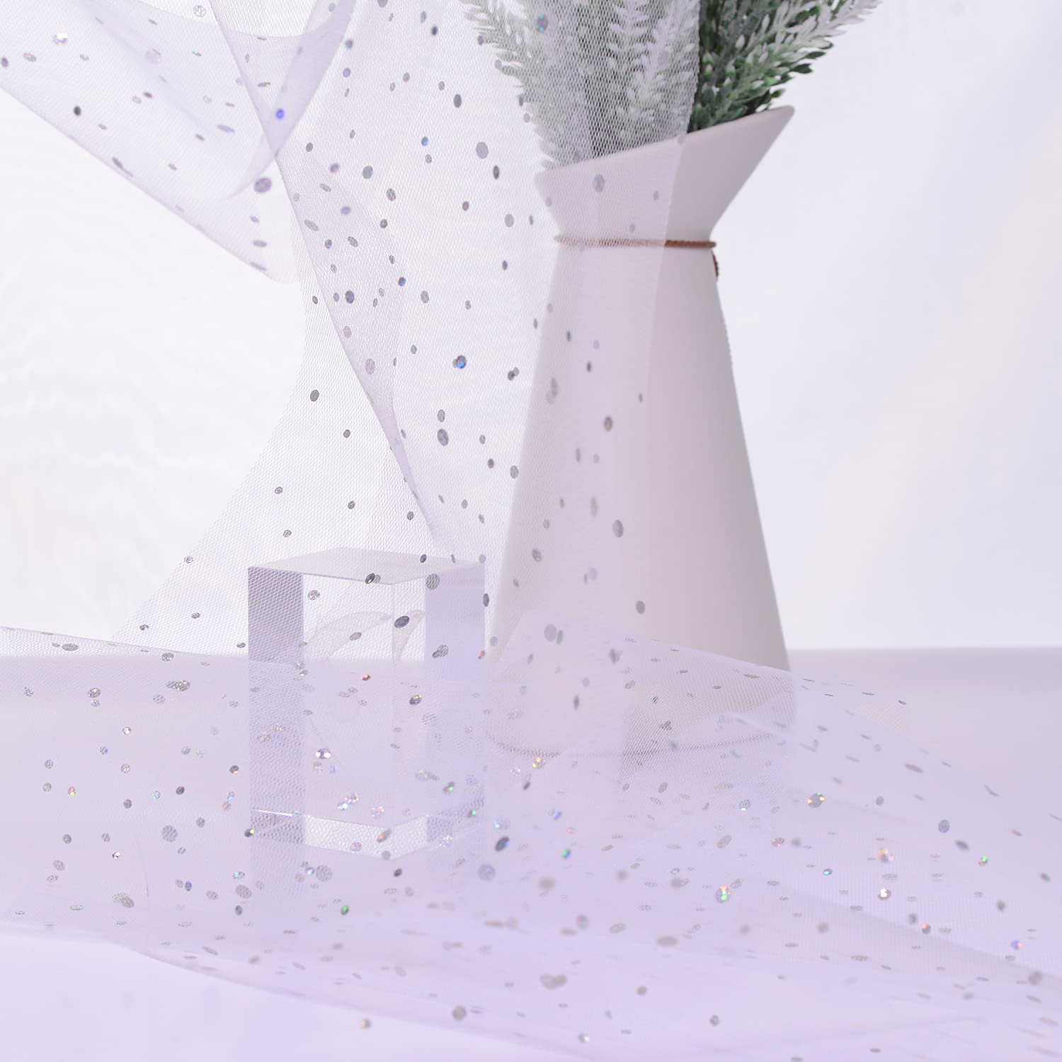 Glitter Tulle Rolls, 6” by 50 Yards (150FT) Sequin Tulle Netting Fabric Tulle for Tutu Skirts Sewing Birthday Wedding Party Decoration (White)