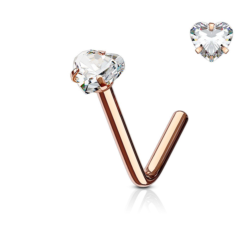 Amelia Fashion Rose Gold Heart Nose Stud Ring L Bend 316L Surgical Steel (Choose Size) (20 GA (0.8mm) L. 1/4" (6mm))