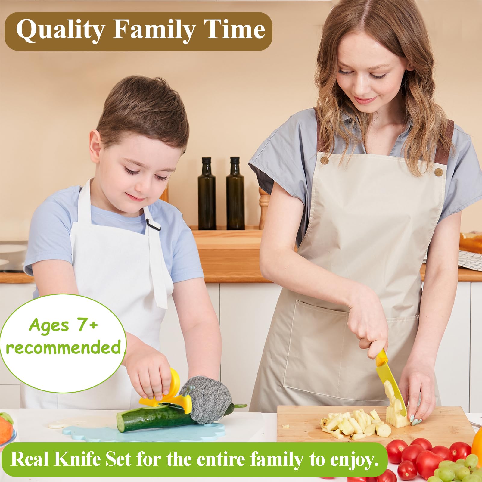 Kibbidea Kids Knife Set, 4-Piece Kids Cooking Sets Real, Stainless Steel Kids Kitchen Chef's Knives with Peeler, Finger Guard, Protective Glove for Cutting Peeling (Blue)