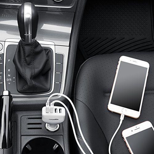 Amazon Basics 48W Four-Port USB-A Car Charger for Phones (iPhone 15/14/13/12/11/X, Samsung, and more), non-PPS, Black/Red
